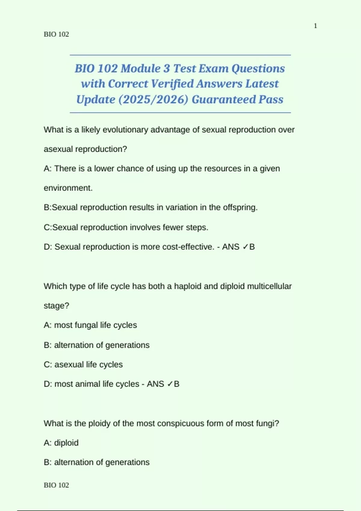 Bio 102 Module 1, 2, 3, 4 & 5 plus FINAL Exams COMPILATION Questions ...