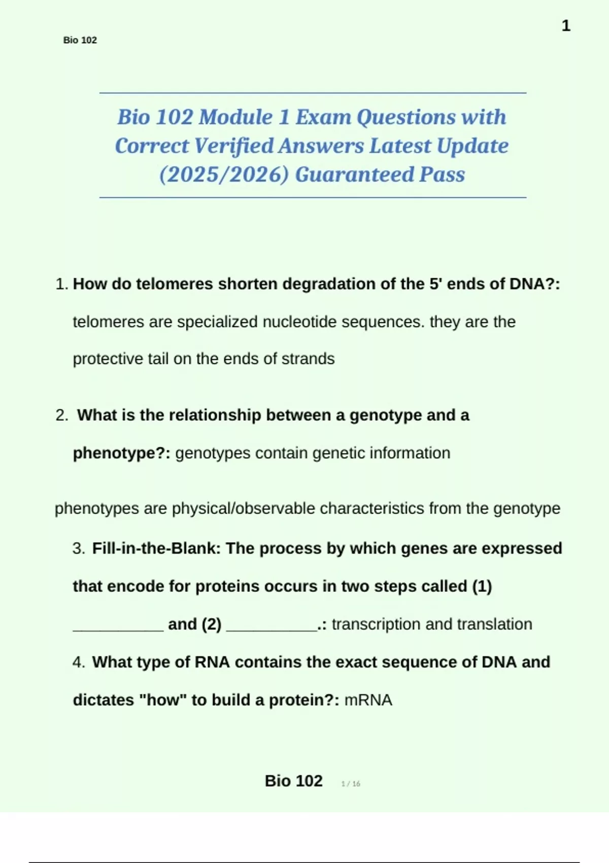 Bio 102 Module 1 Exam Questions with Correct Verified Answers Latest ...