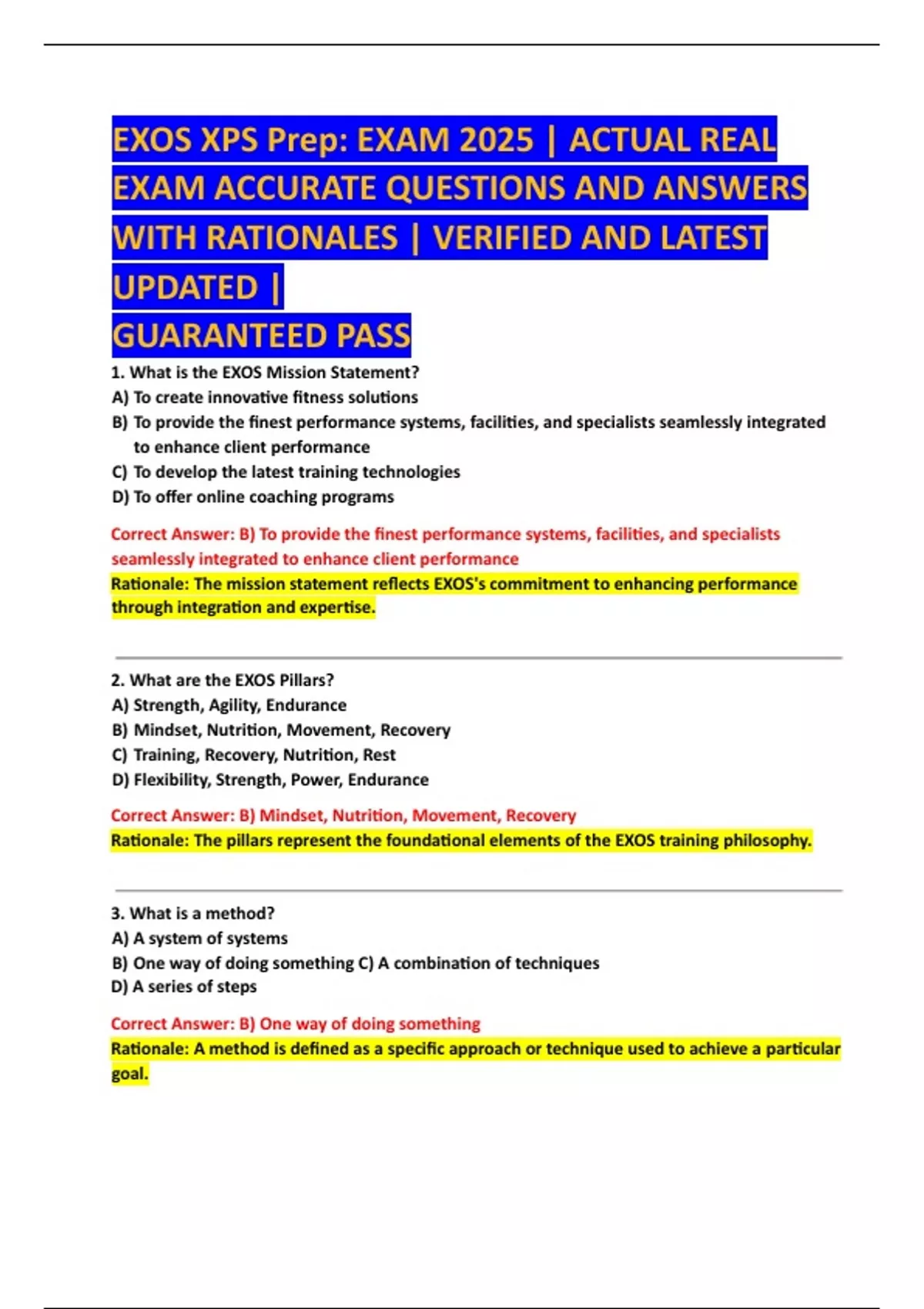 EXOS XPS Prep: EXAM 2025 | ACTUAL REAL EXAM ACCURATE QUESTIONS AND ...