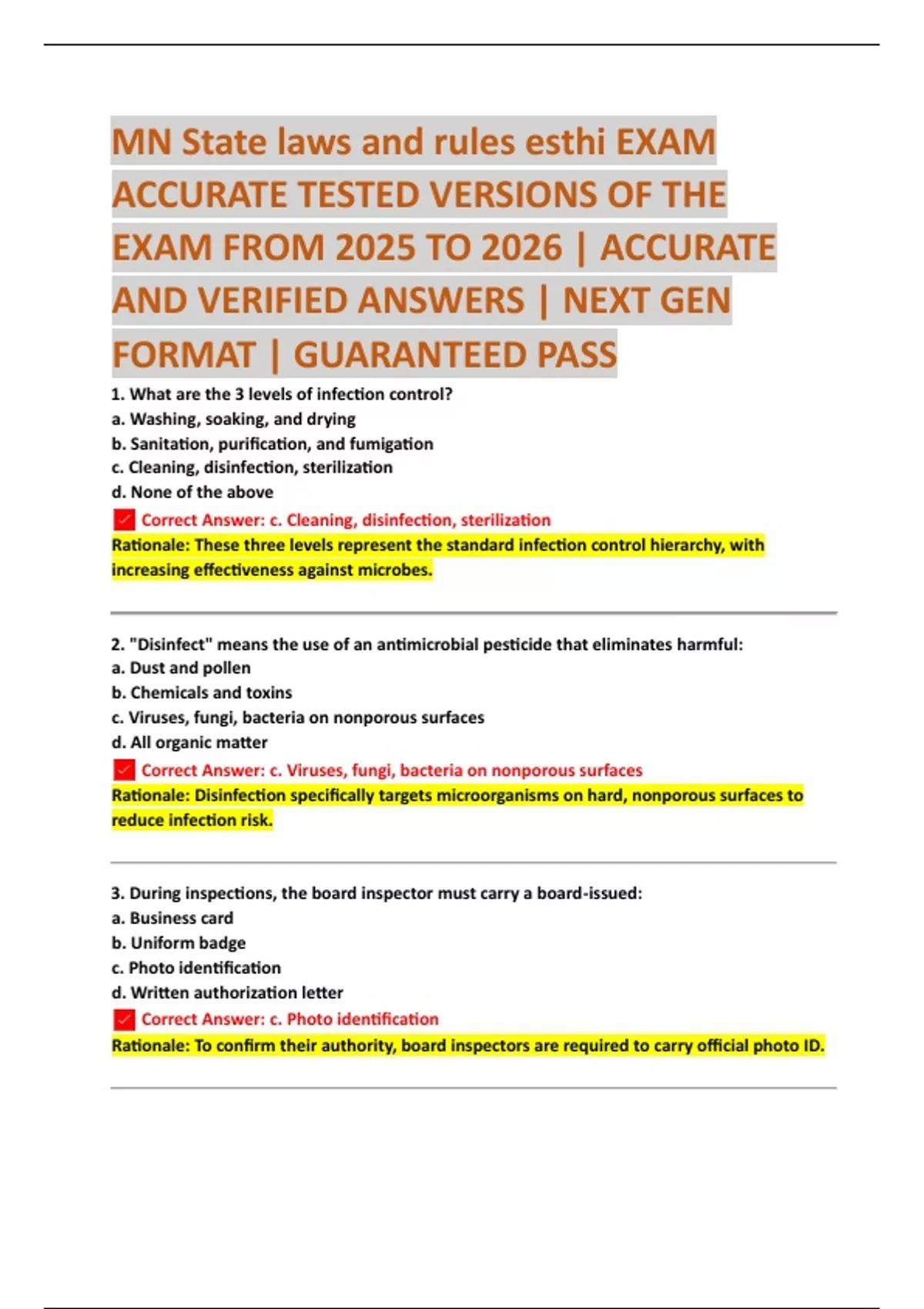MN State laws and rules esthi EXAM ACCURATE TESTED VERSIONS OF THE EXAM ...
