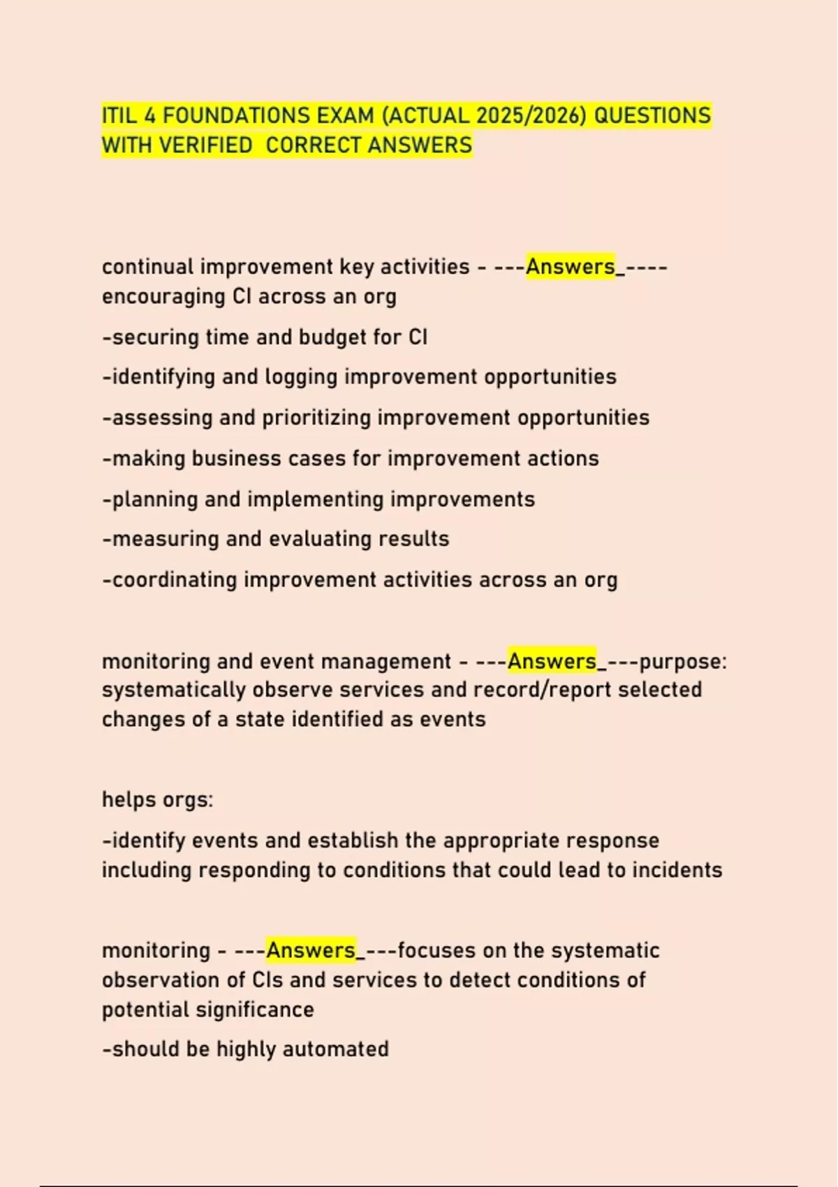 Itil 4 Foundations Exam Actual 2025 2026 Questions With Verified Correct Answers Itil 4