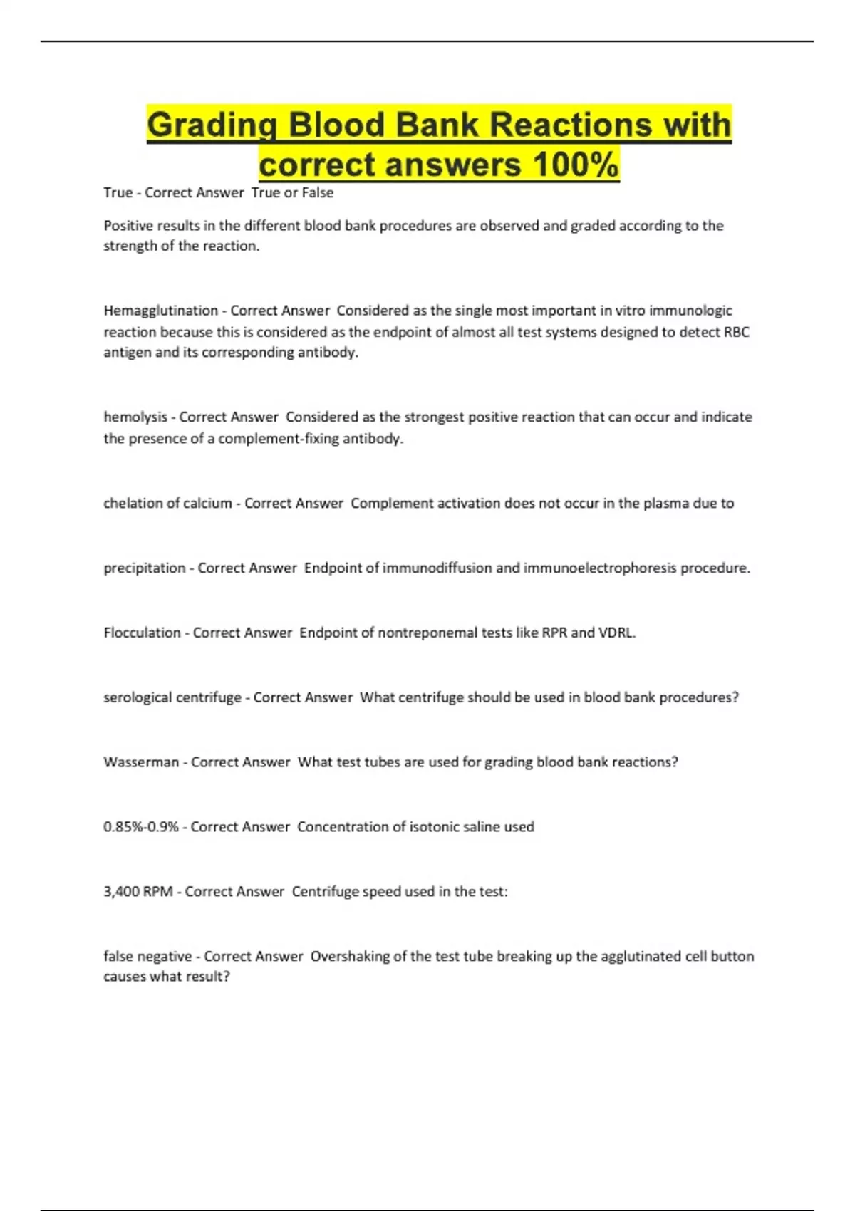 Grading Blood Bank Reactions with correct answers 100% - RTBC - Stuvia US