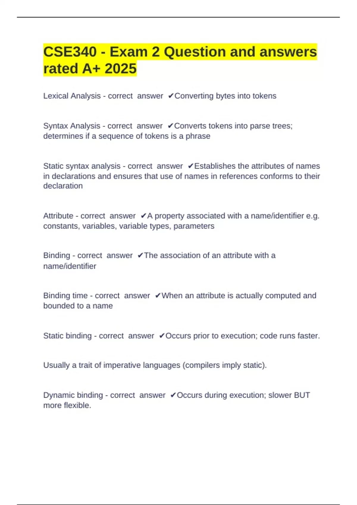 CSE340 - Exam 2 Question and answers rated A+ 2025 - CSE340 - - Stuvia US