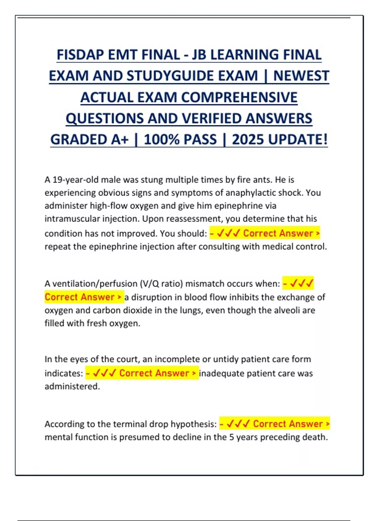 FISDAP EMT FINAL - JB LEARNING FINAL EXAM AND STUDYGUIDE EXAM | NEWEST ...