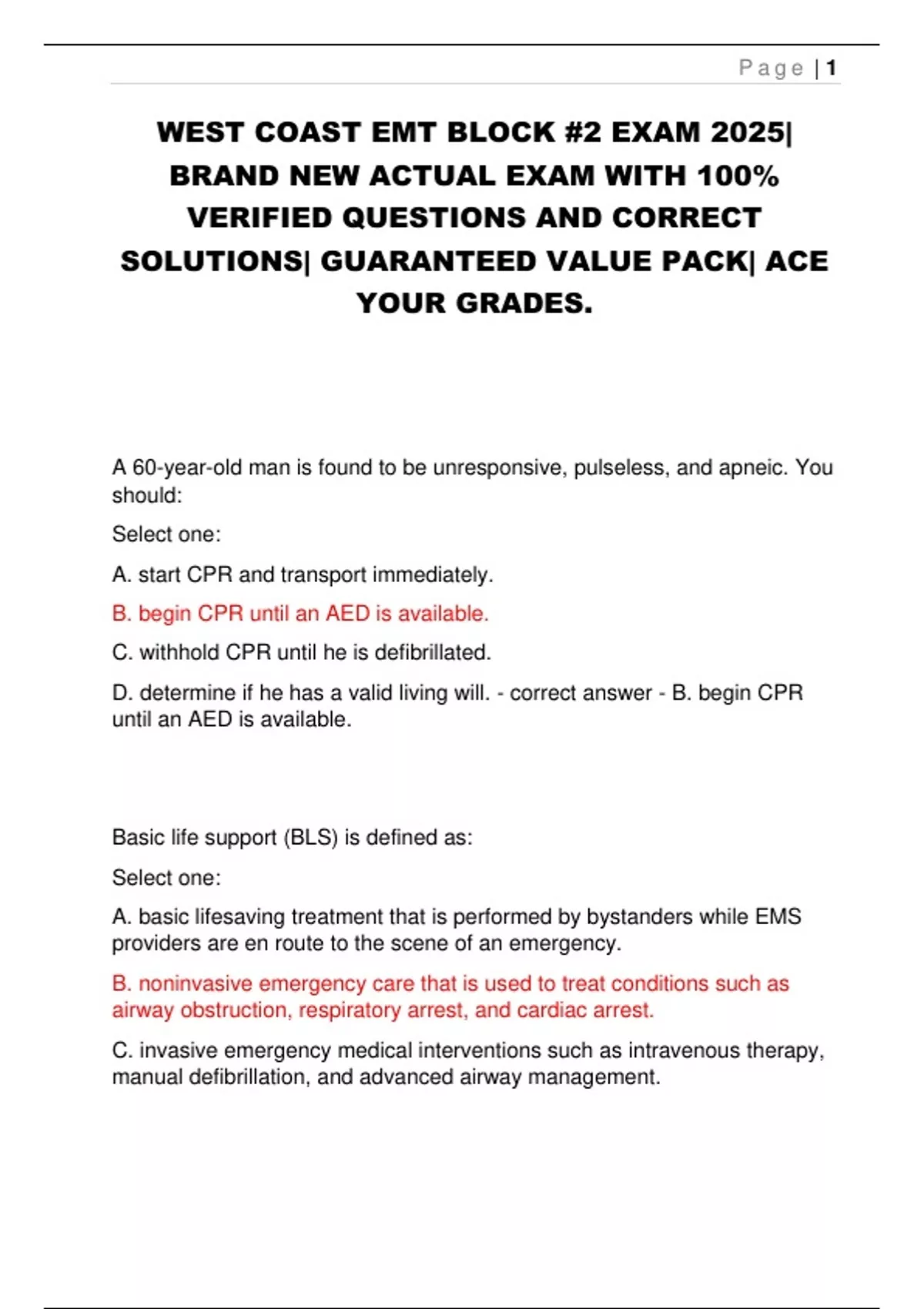 WEST COAST EMT BLOCK #2 EXAM 2025| BRAND NEW ACTUAL EXAM WITH 100% ...