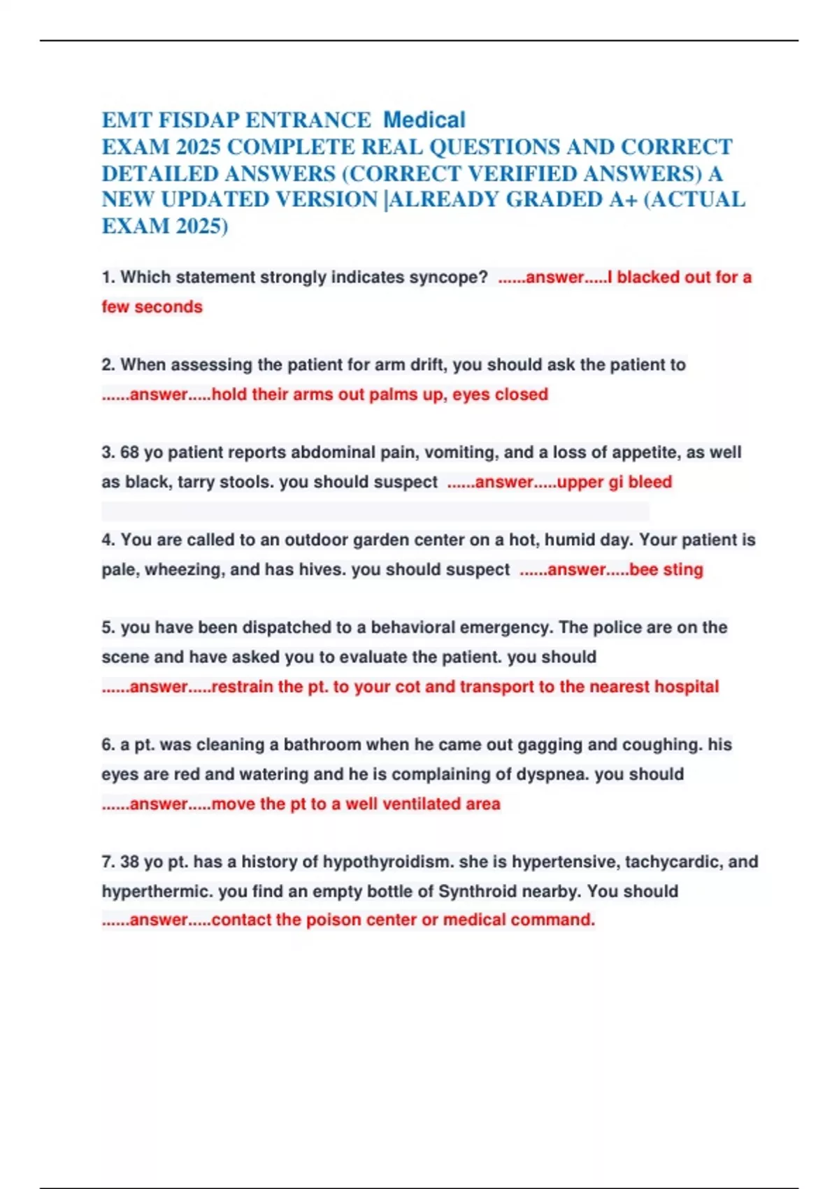 EMT FISDAP ENTRANCE Medical EXAM 2025 COMPLETE REAL QUESTIONS AND ...