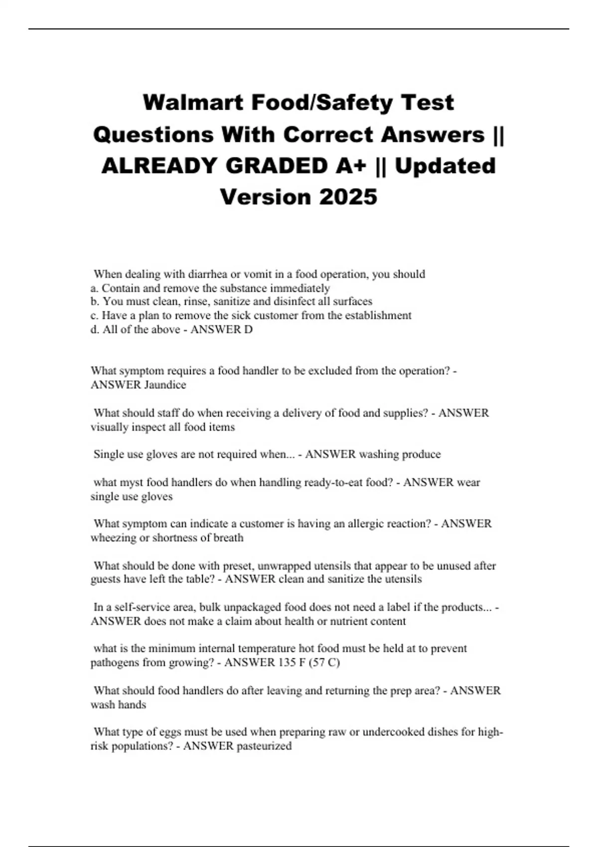 Walmart Food/Safety Test Questions With Correct Answers || ALREADY ...