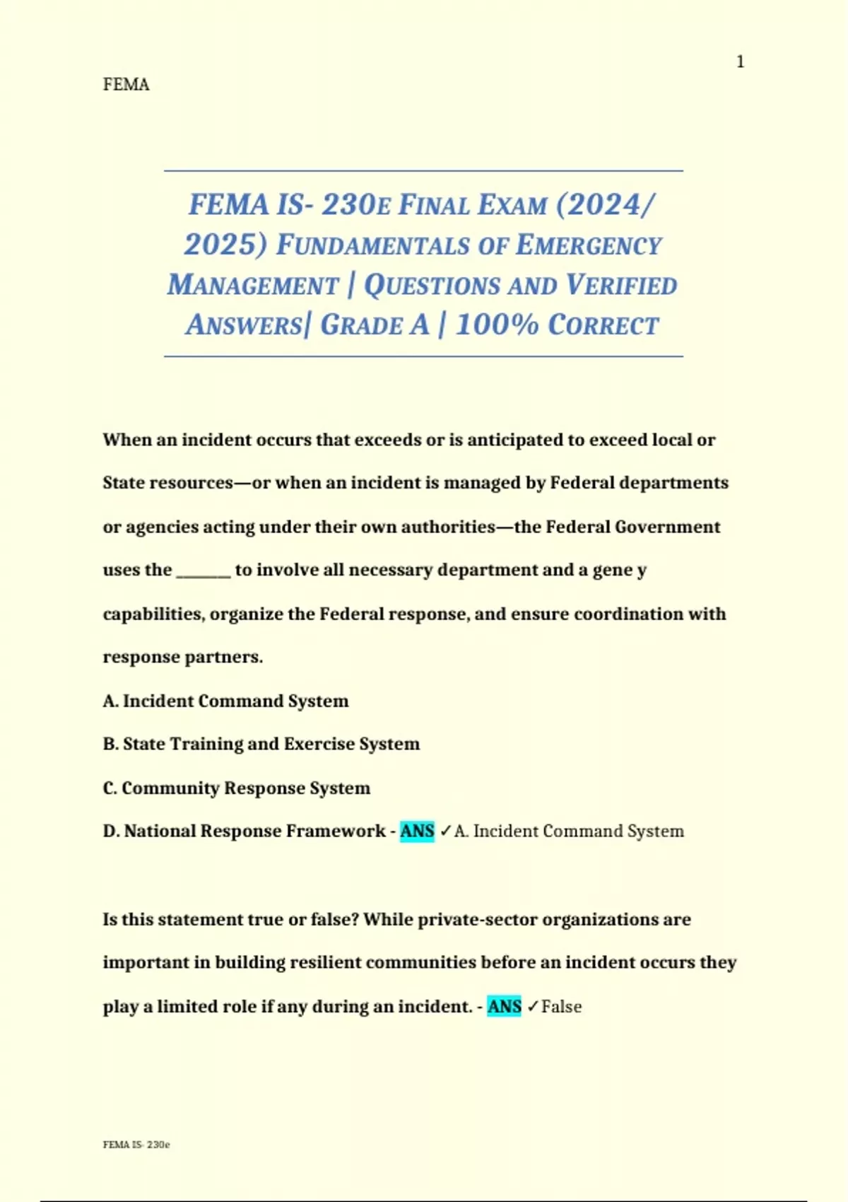 FEMA IS- 230E FINAL EXAM (2024/ 2025) FUNDAMENTALS OF EMERGENCY ...
