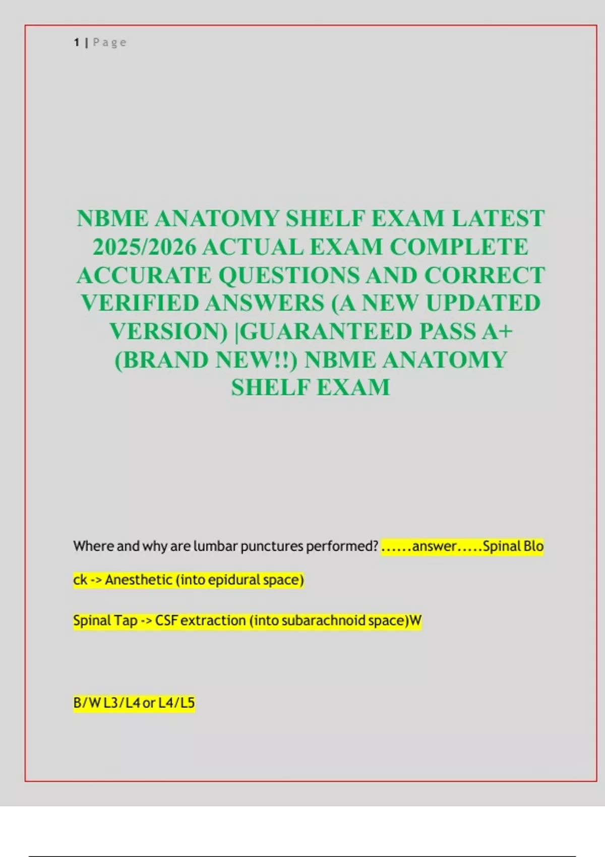 NBME ANATOMY SHELF EXAM LATEST 2025/2026 ACTUAL EXAM COMPLETE ACCURATE ...