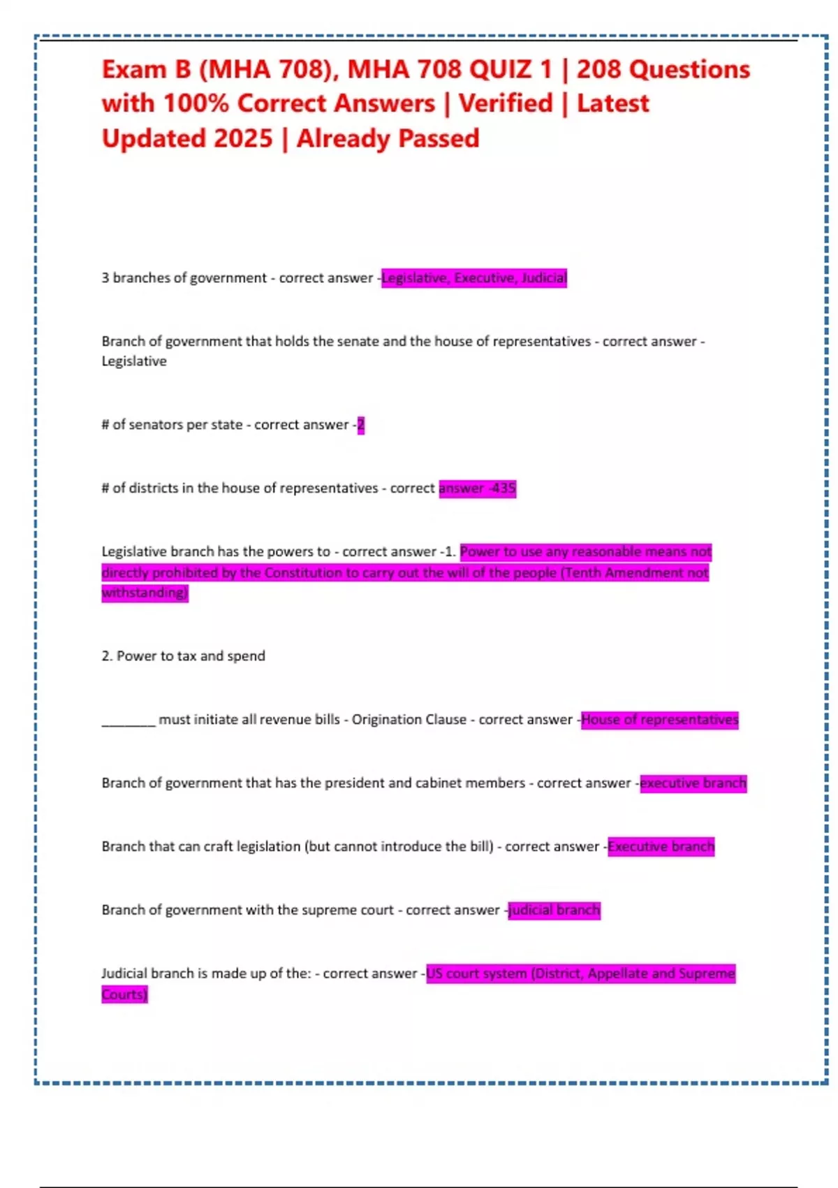 Exam B (MHA 708), MHA 708 QUIZ 1 | 208 Questions with 100% Correct ...