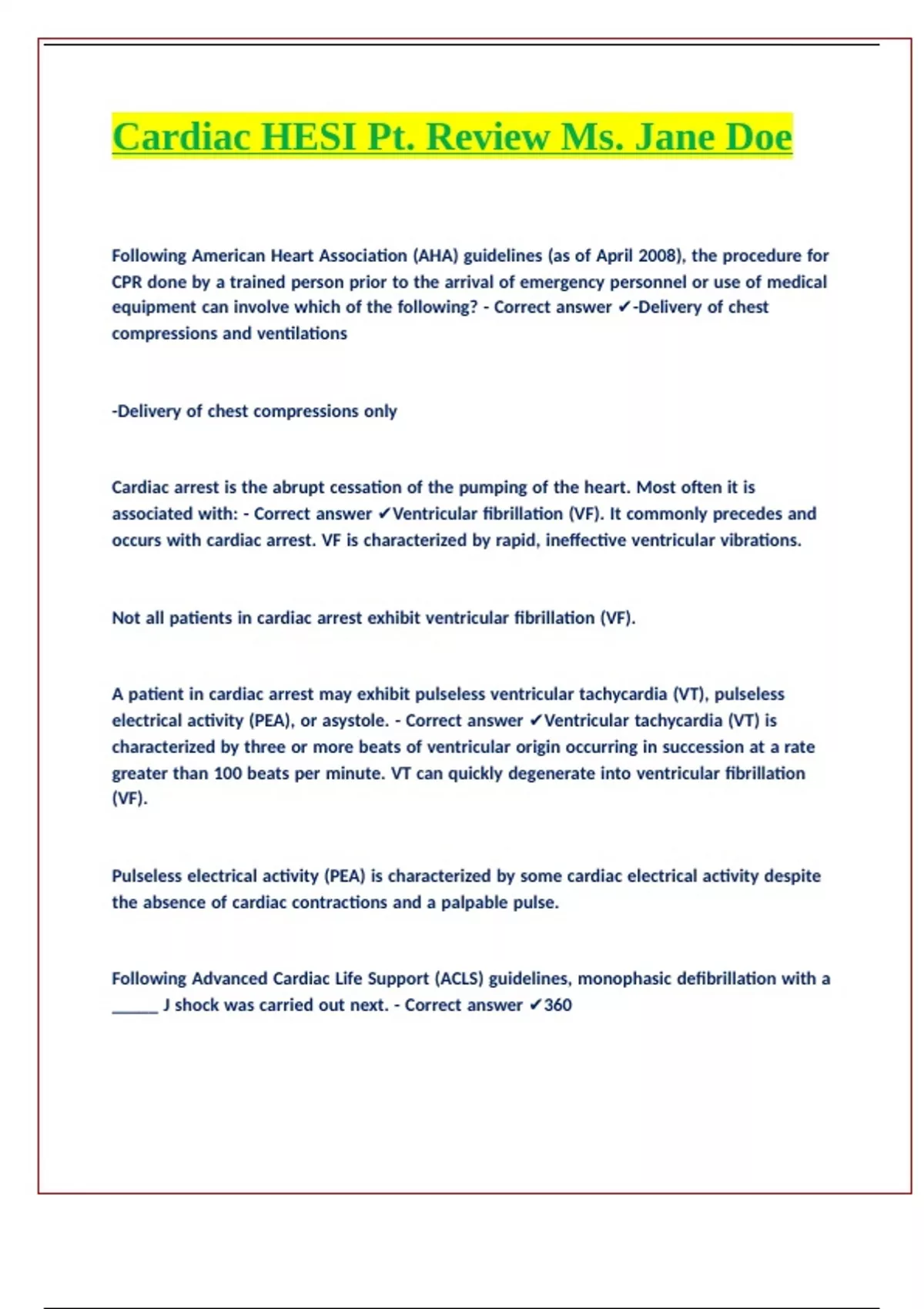 Cardiac HESI Pt. Review Ms. Jane Doe - Hesi Patient - Stuvia US