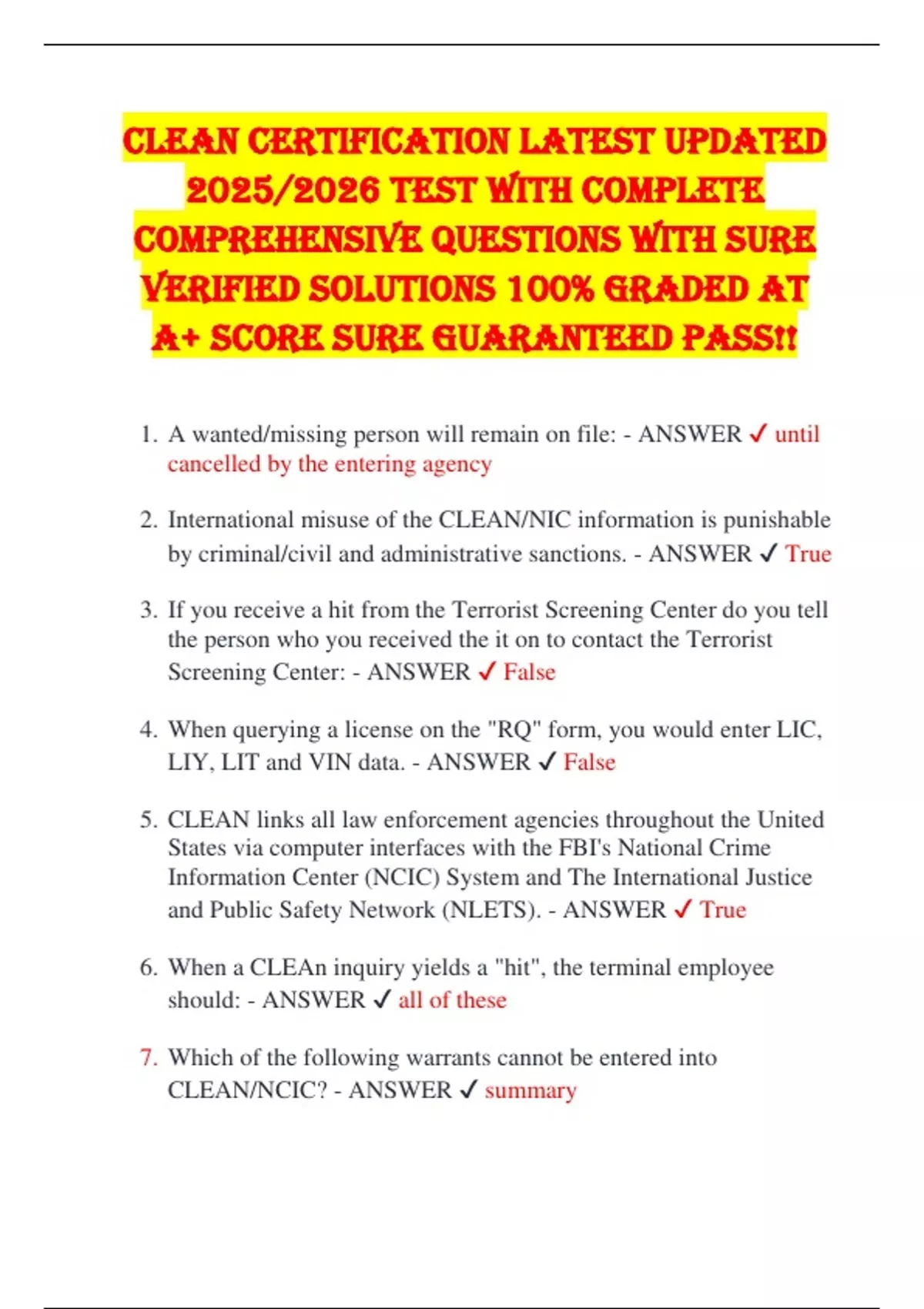 CLEAN certification LATEST UPDATED 2025/2026 test WITH COMPLETE ...
