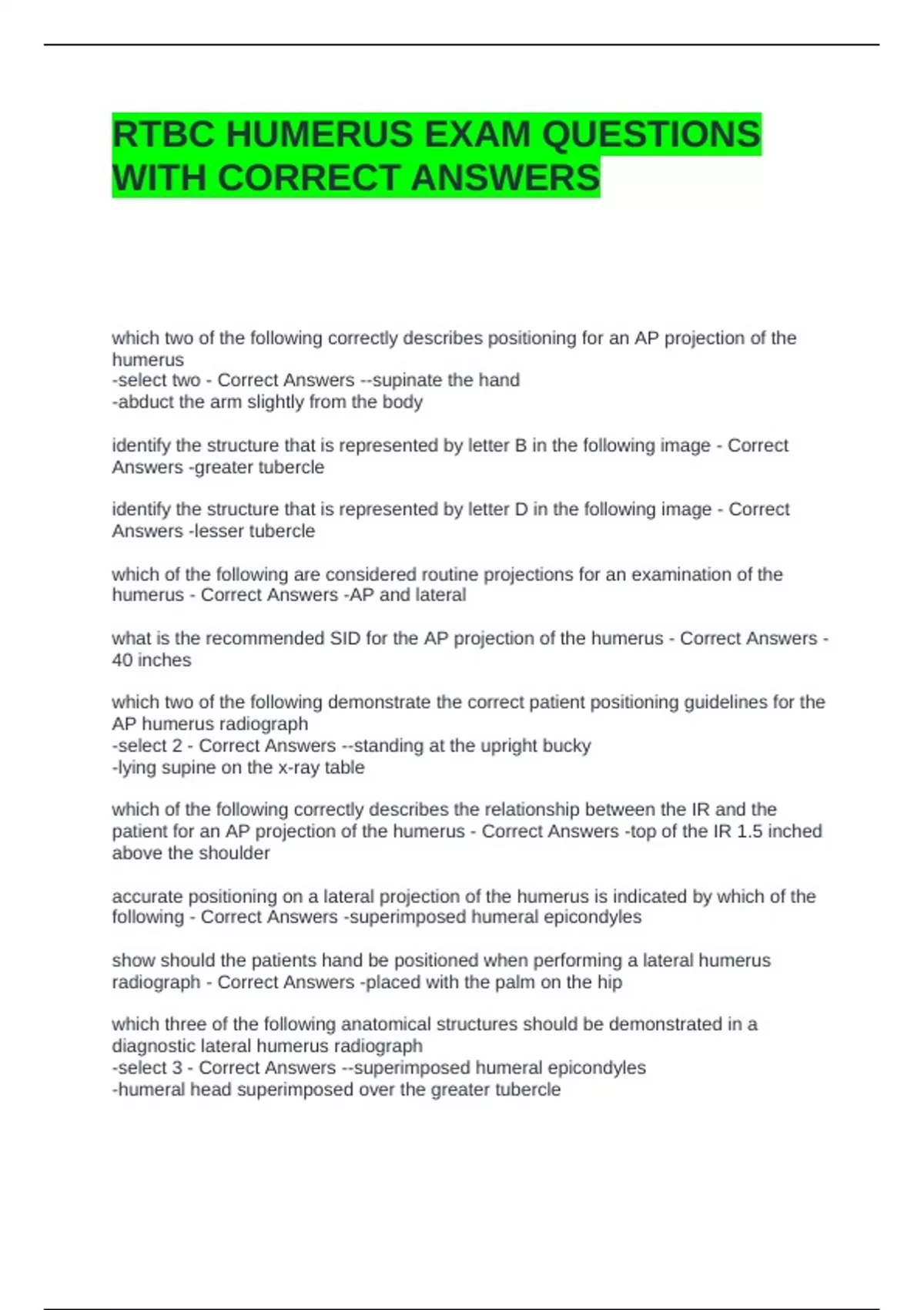 RTBC HUMERUS EXAM QUESTIONS WITH CORRECT ANSWERS - RTBC - Stuvia US