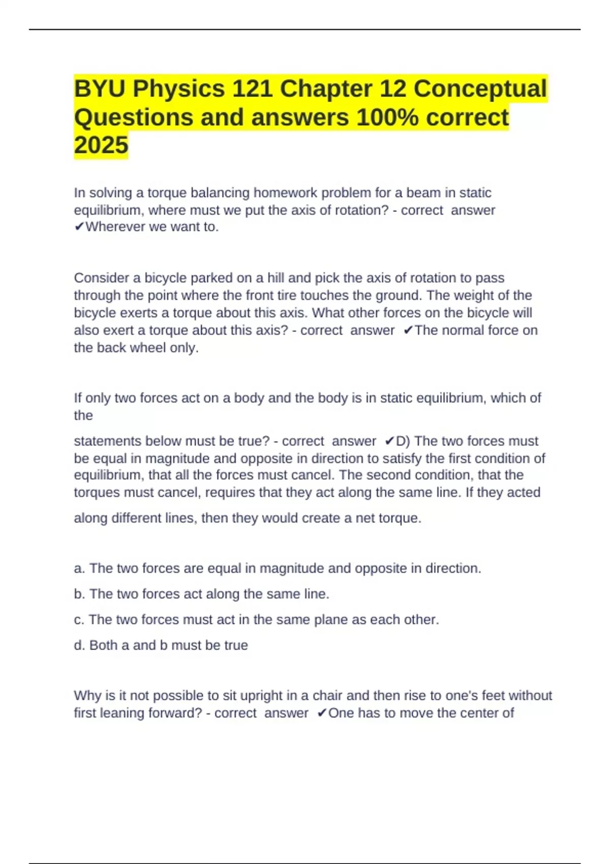 BYU Physics 121 Chapter 12 Conceptual Questions and answers 100% correct 2025 - BYU Physics 121 ...