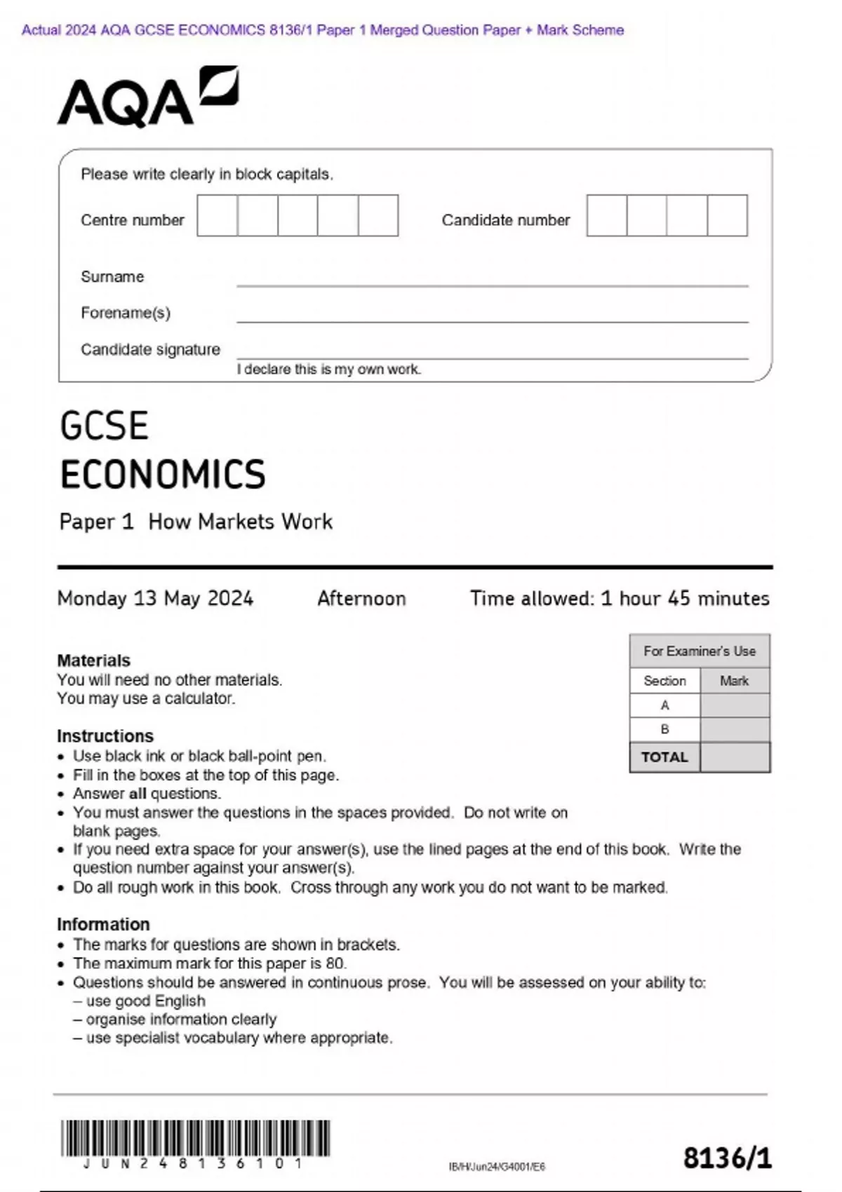 Actual 2024 AQA GCSE ECONOMICS 8136/1 Paper 1 Merged Question Paper + Mark Scheme Actual 2024 ...