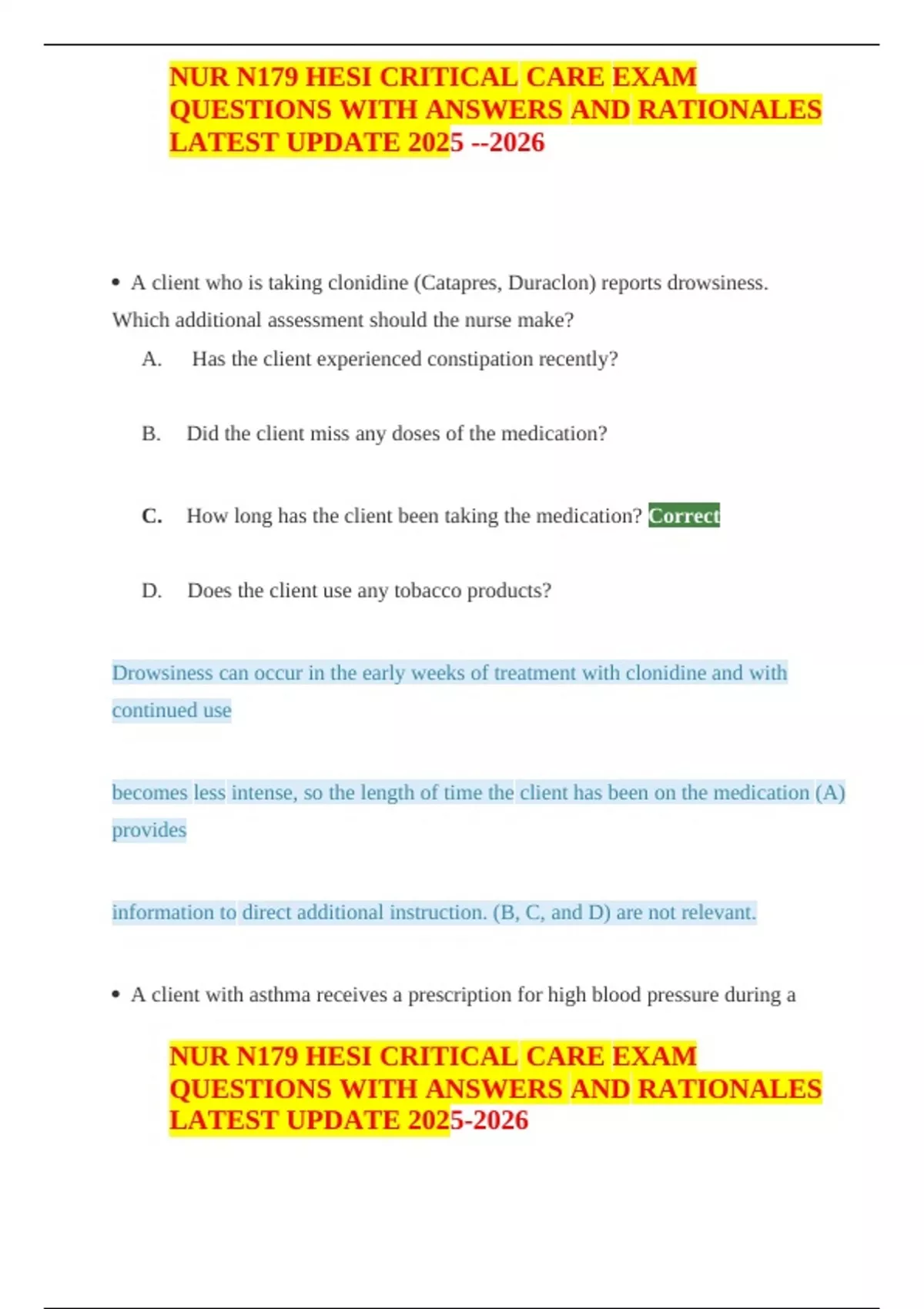 "HESI Critical Care Exam Practice Questions with Answers and Rationales ...