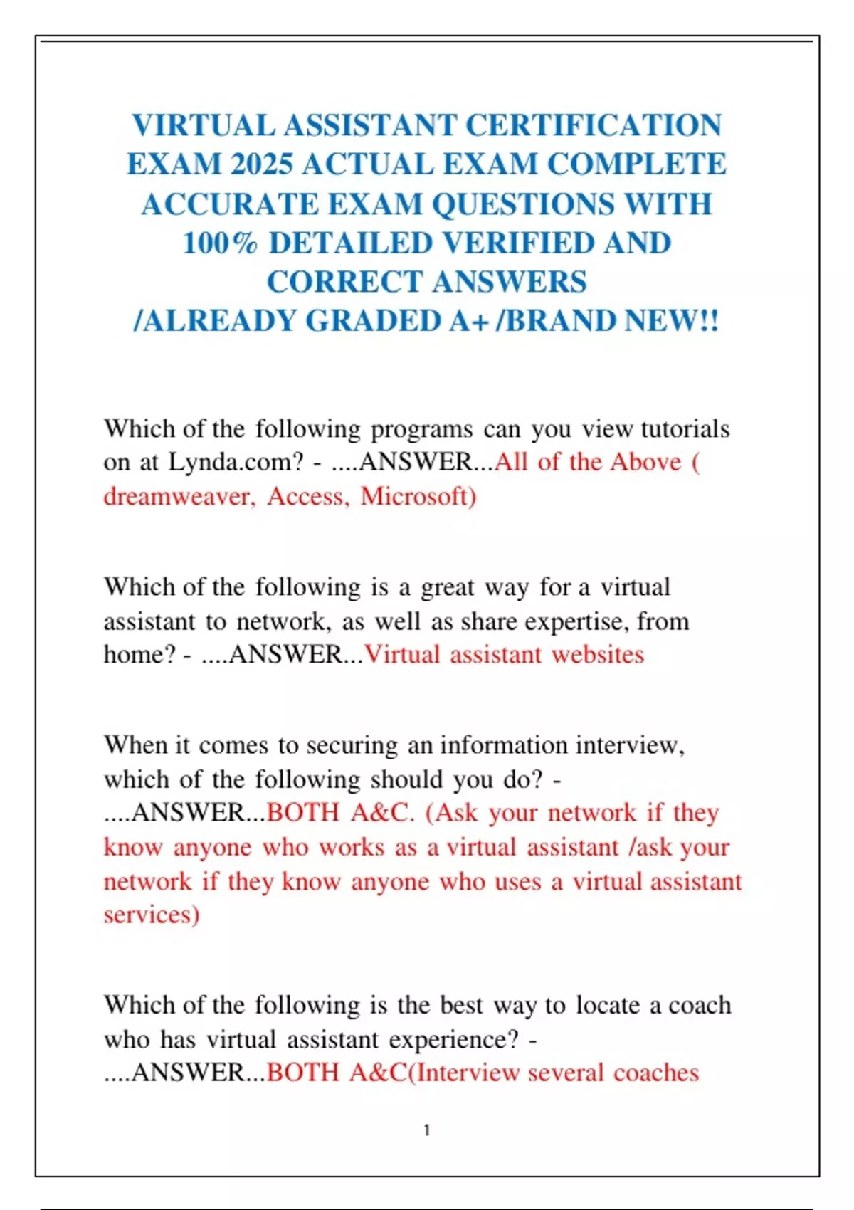 VIRTUAL ASSISTANT CERTIFICATION EXAM 2025 ACTUAL EXAM COMPLETE ACCURATE ...