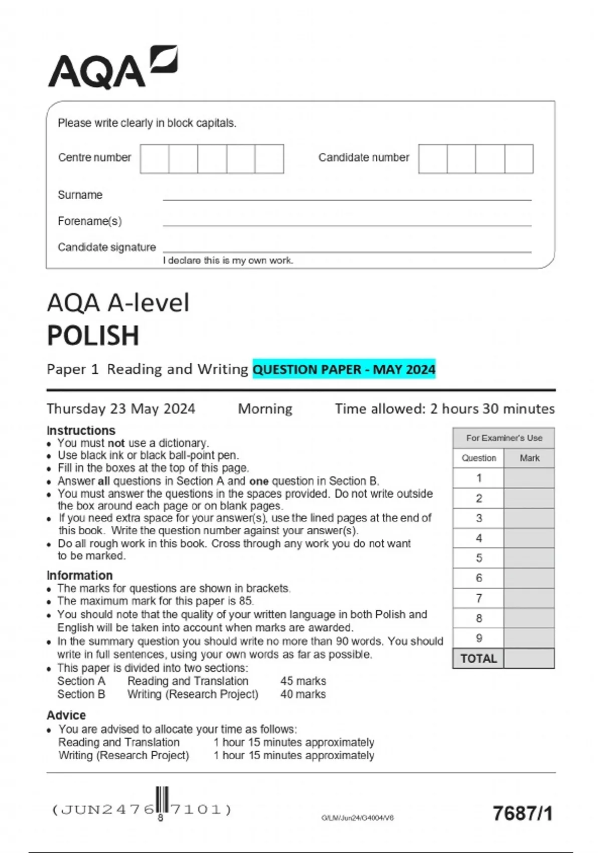 AQA A-level POLISH Paper 1 Reading and Writing QUESTION PAPER - MAY ...