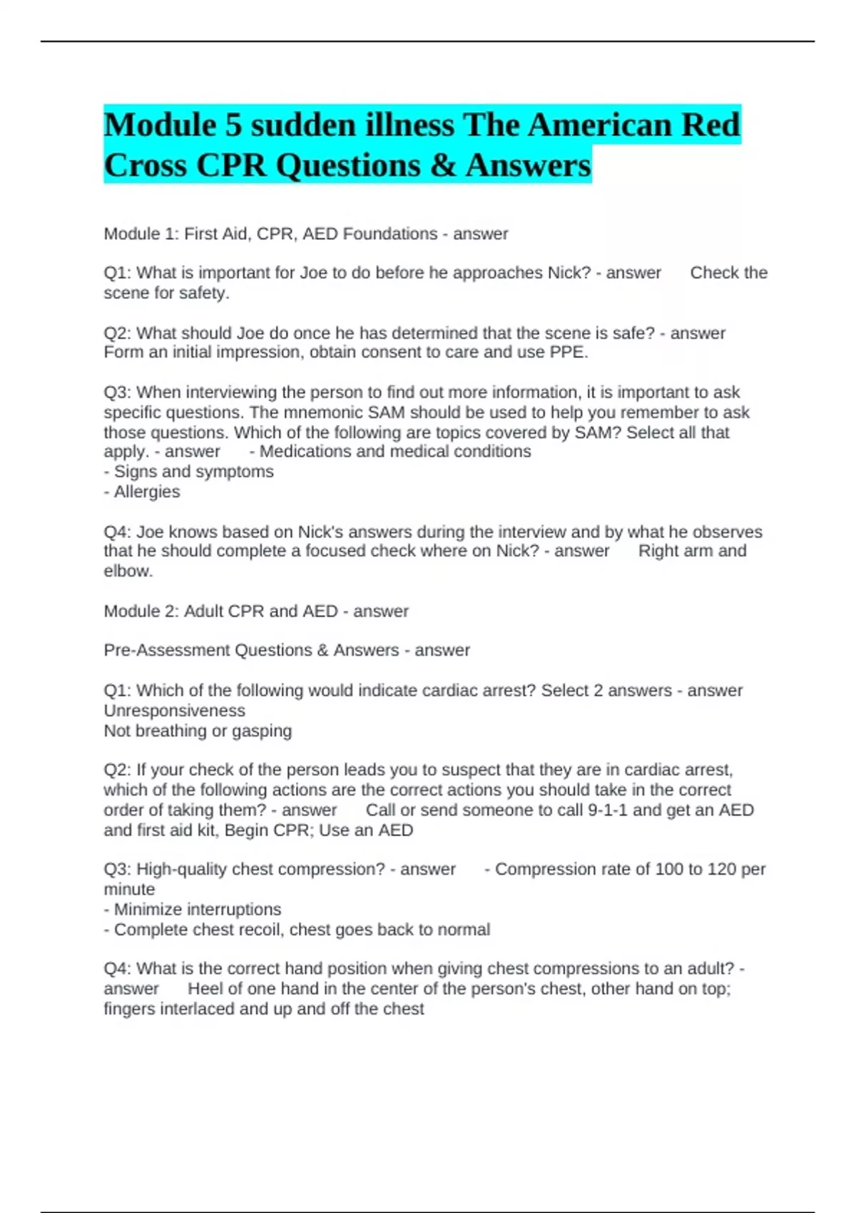 Module 5 sudden illness The American Red Cross CPR Questions & Answers ...