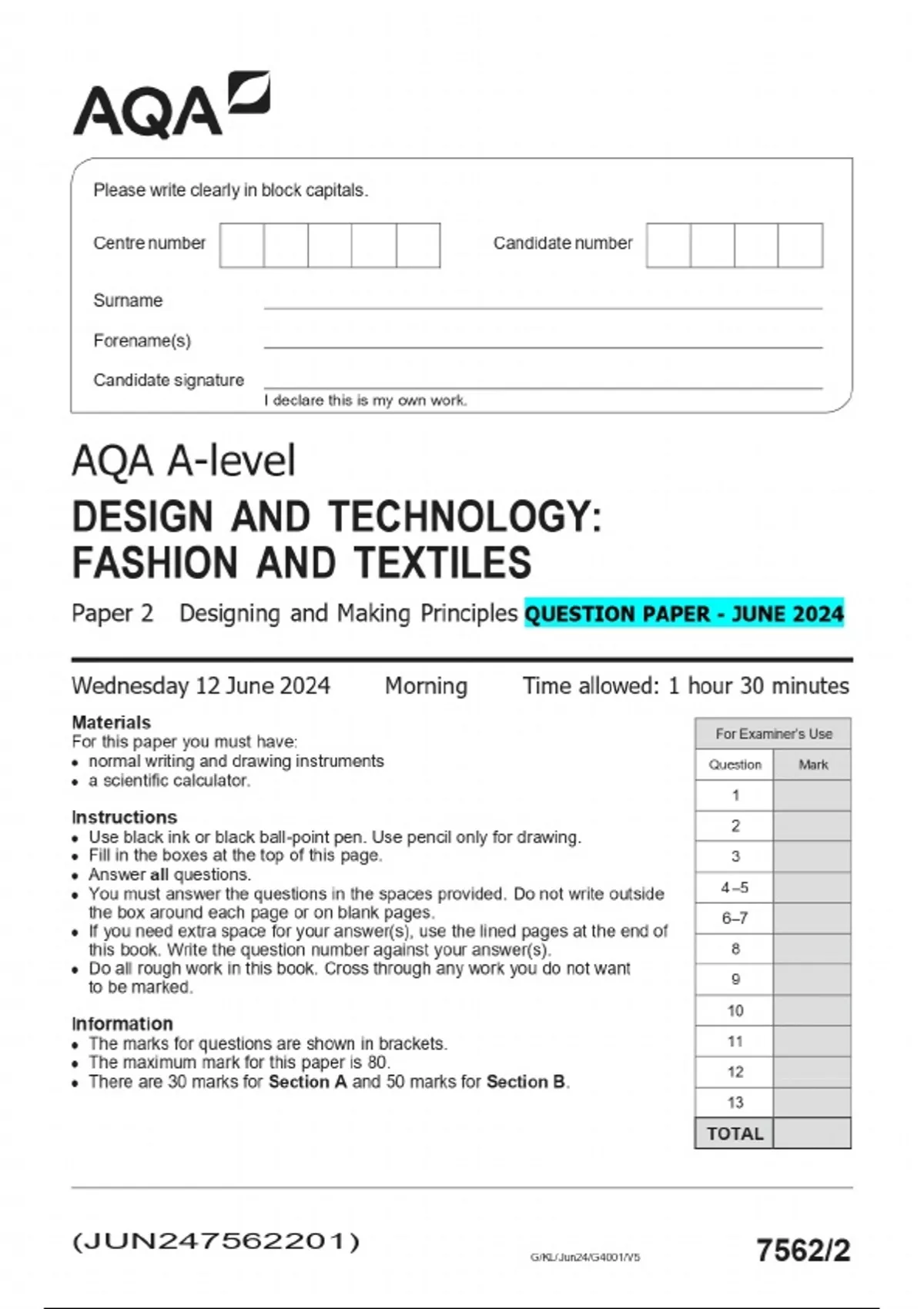 AQA A-level DESIGN AND TECHNOLOGY: FASHION AND TEXTILES Paper 2 ...