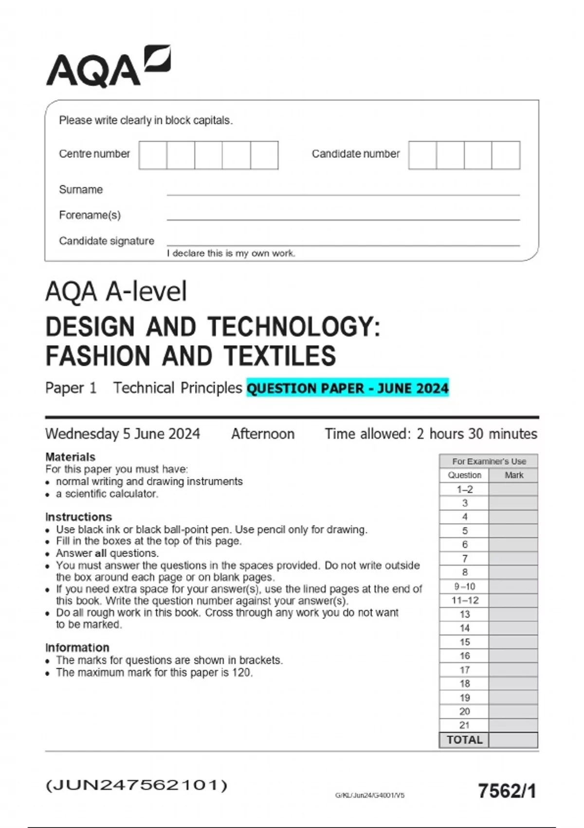 AQA A-level DESIGN AND TECHNOLOGY: FASHION AND TEXTILES Paper 1 ...