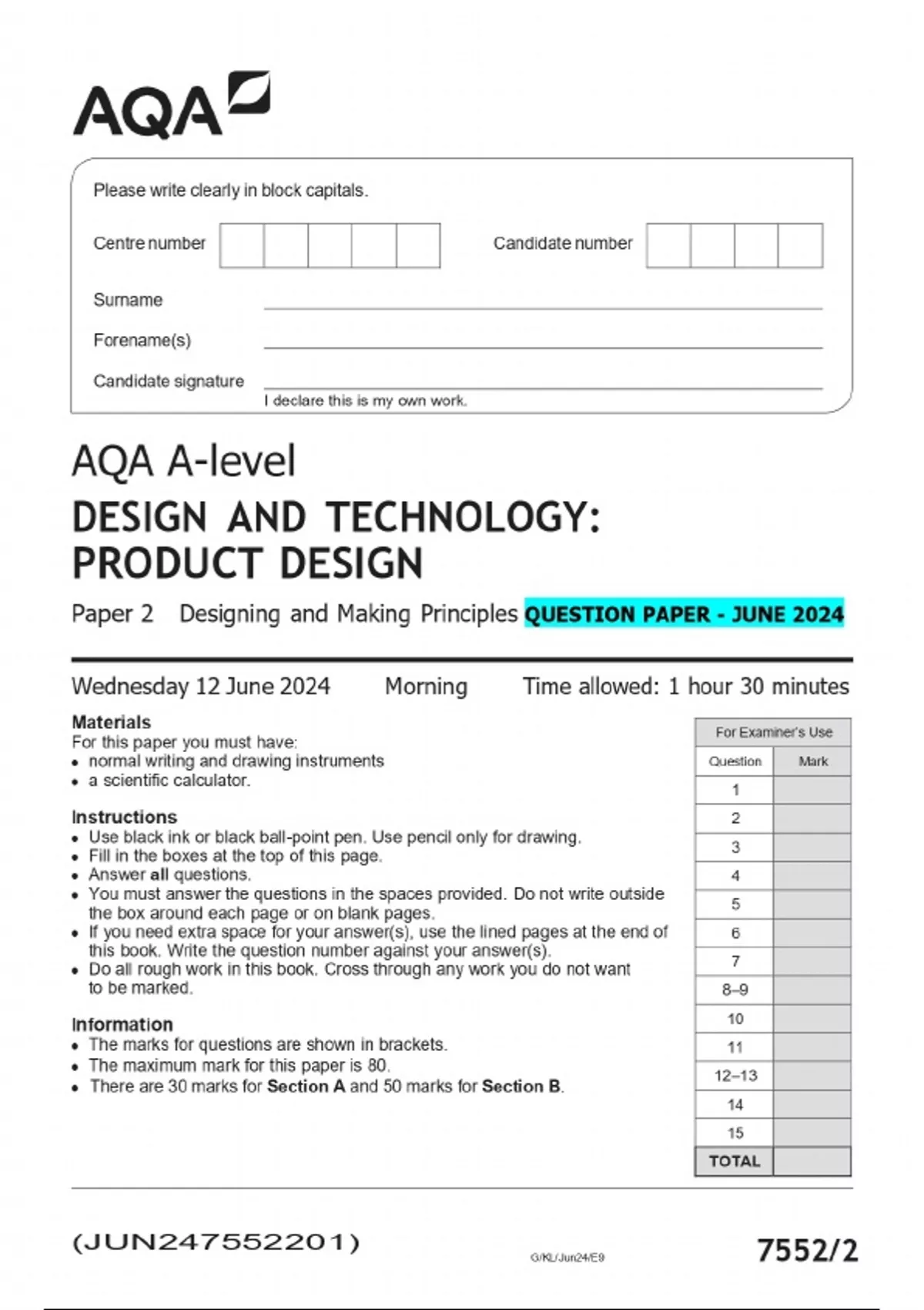 AQA A-level DESIGN AND TECHNOLOGY: PRODUCT DESIGN Paper 2 Designing and ...