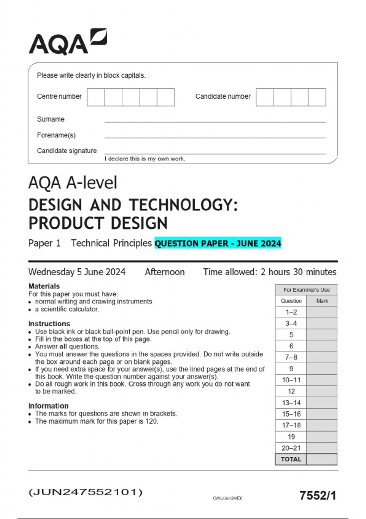 AQA A-level DESIGN AND TECHNOLOGY: PRODUCT DESIGN Paper 1 Technical ...