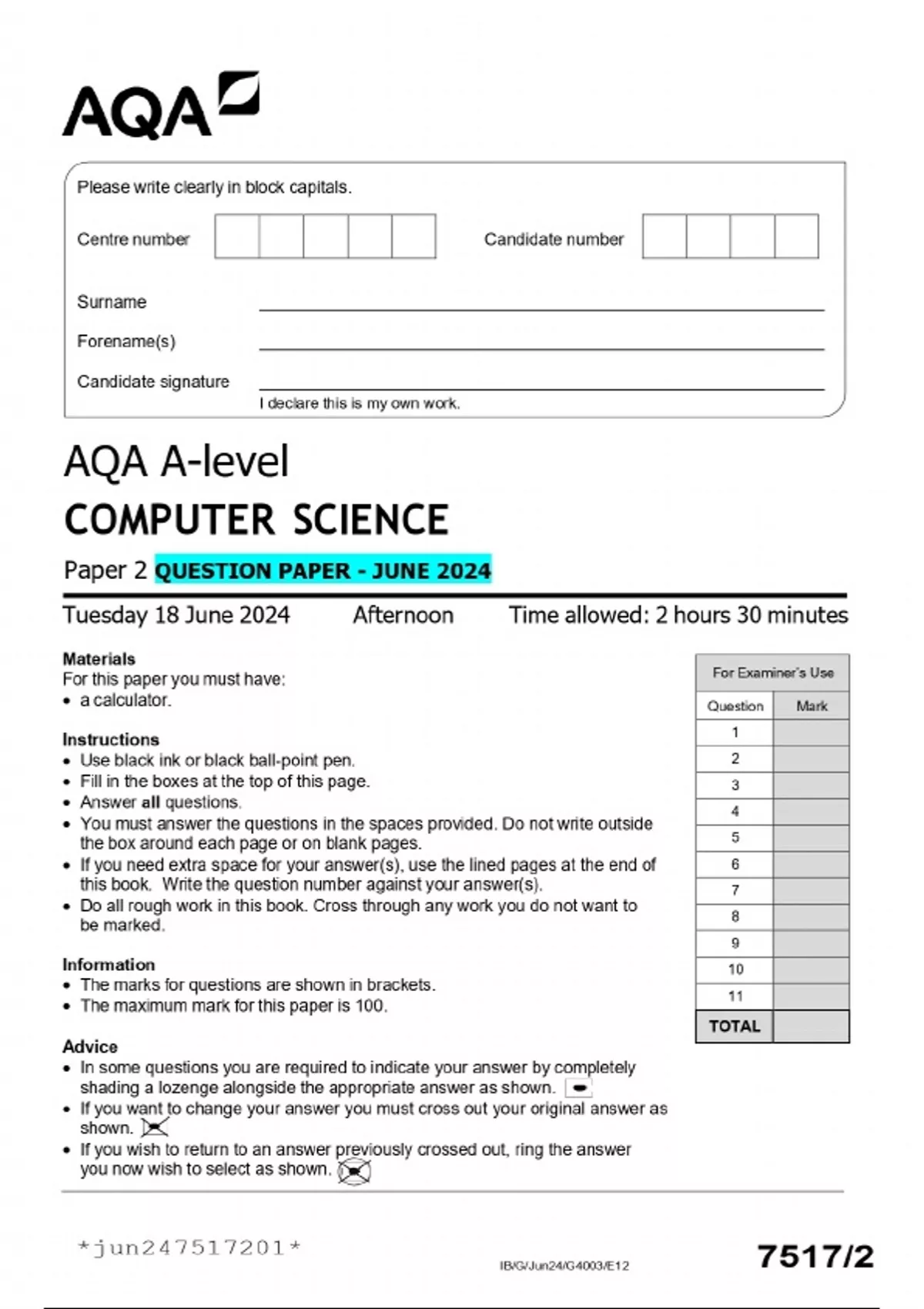 AQA A-level COMPUTER SCIENCE Paper 2 QUESTION PAPER - JUNE 2024 - AQA ...
