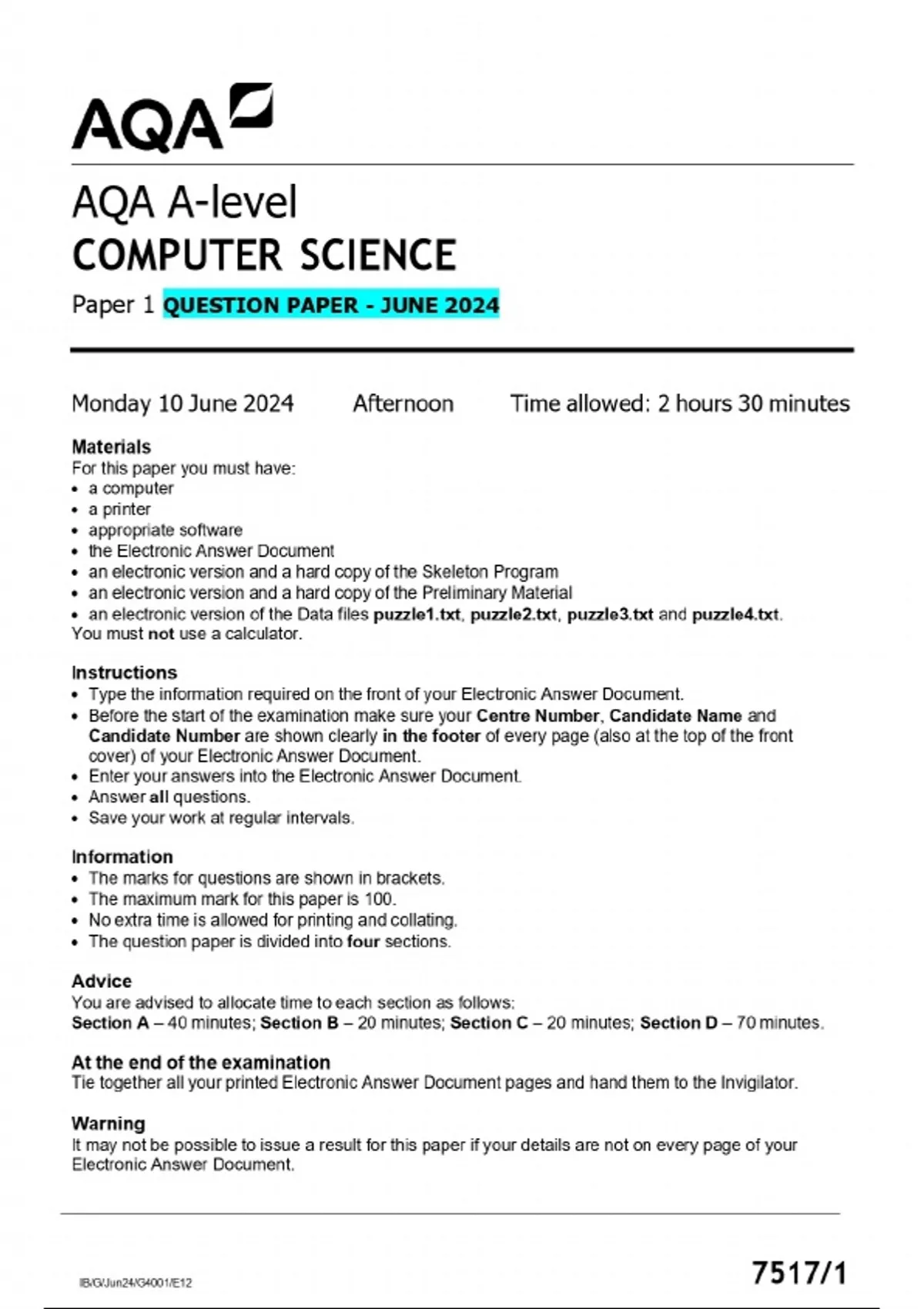 AQA A-level COMPUTER SCIENCE Paper 1 QUESTION PAPER - JUNE 2024 - AQA - Stuvia US