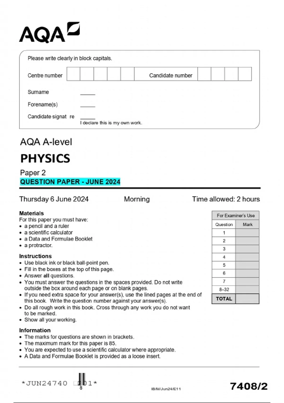 AQA A-level PHYSICS Paper 2 QUESTION PAPER - JUNE 2024 - AQA - Stuvia US