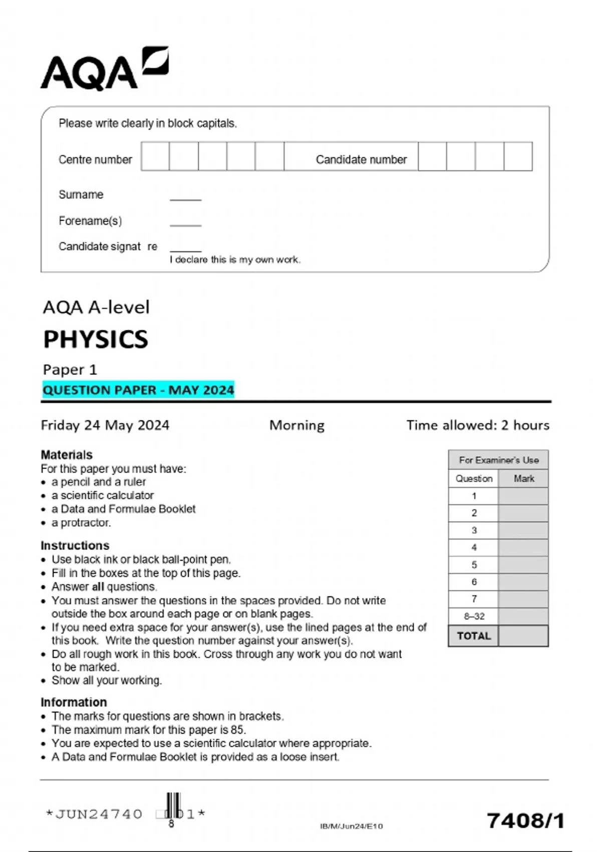 AQA A-level PHYSICS Paper 1 QUESTION PAPER - MAY 2024 - AQA - Stuvia US
