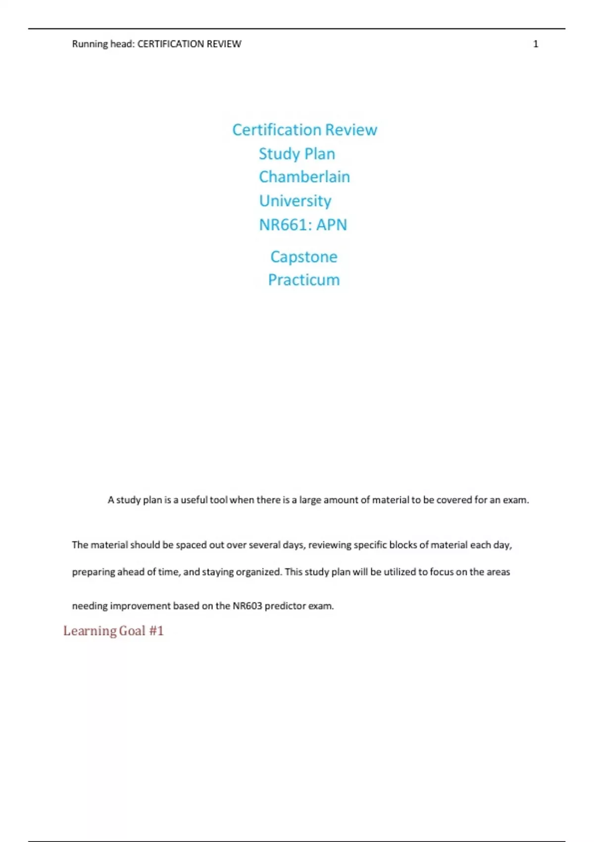 NR661 APN Capstone Practicum (Certification Review Study Plan ) 2025 ...