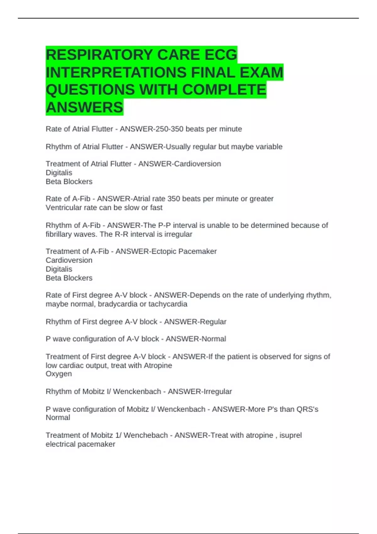 RESPIRATORY CARE ECG INTERPRETATIONS FINAL EXAM QUESTIONS WITH COMPLETE ...