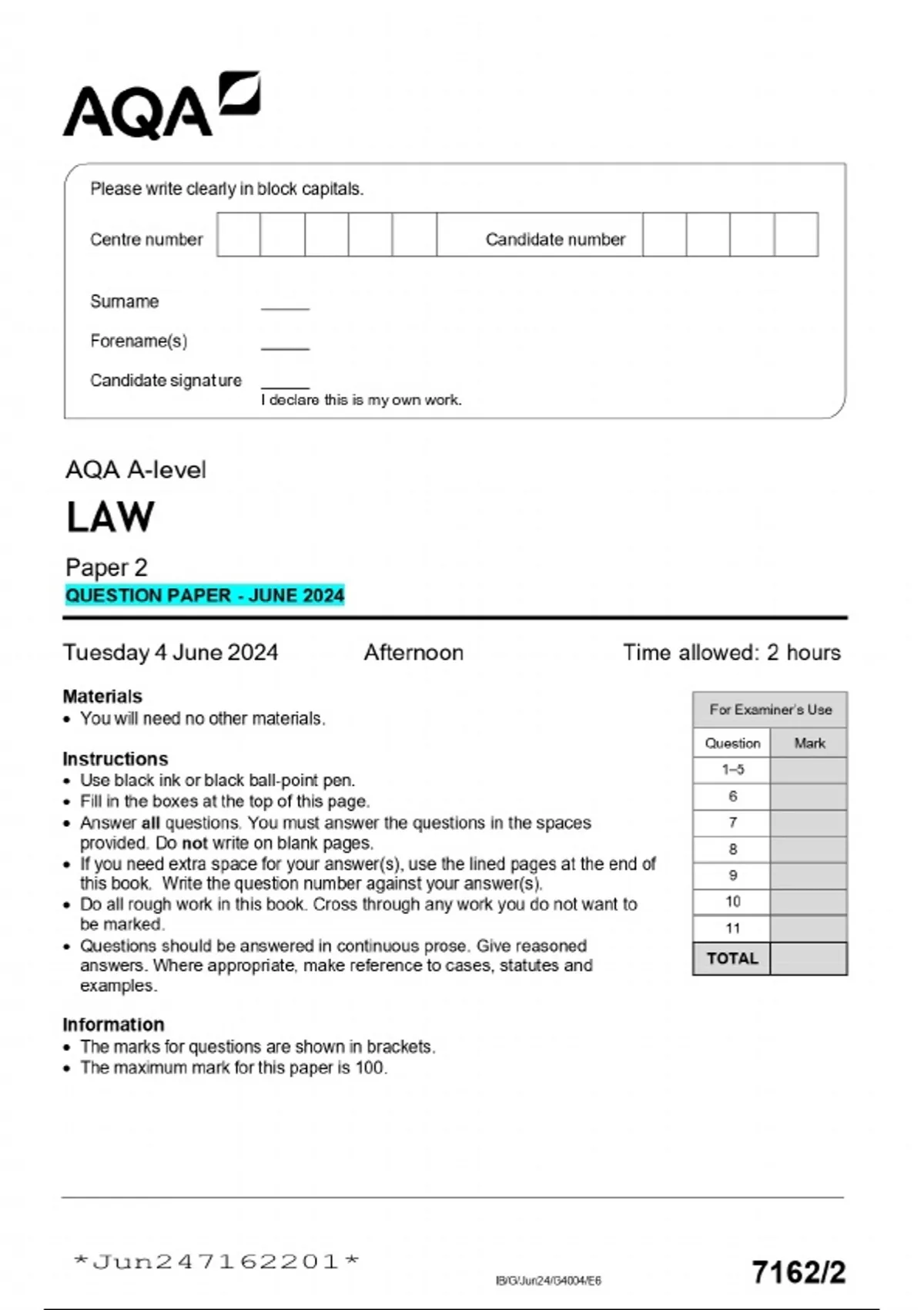 AQA A-level LAW Paper 2 QUESTION PAPER - JUNE 2024 - AQA - Stuvia US