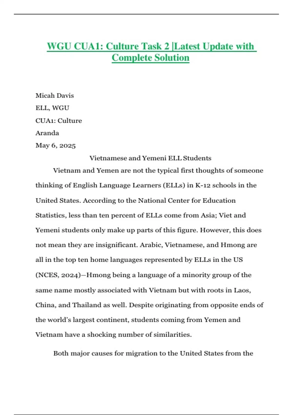 WGU CUA1: Culture Task 2 |Latest Update with Complete Solution - WGU ...