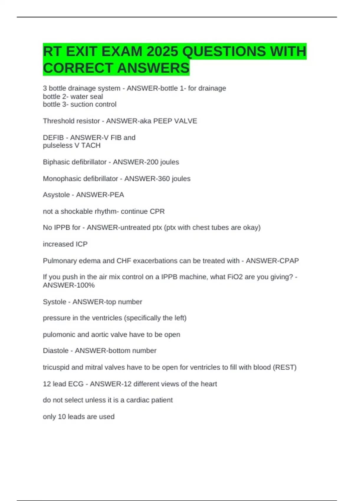 RT EXIT EXAM 2025 QUESTIONS WITH CORRECT ANSWERS - RRT - Stuvia US