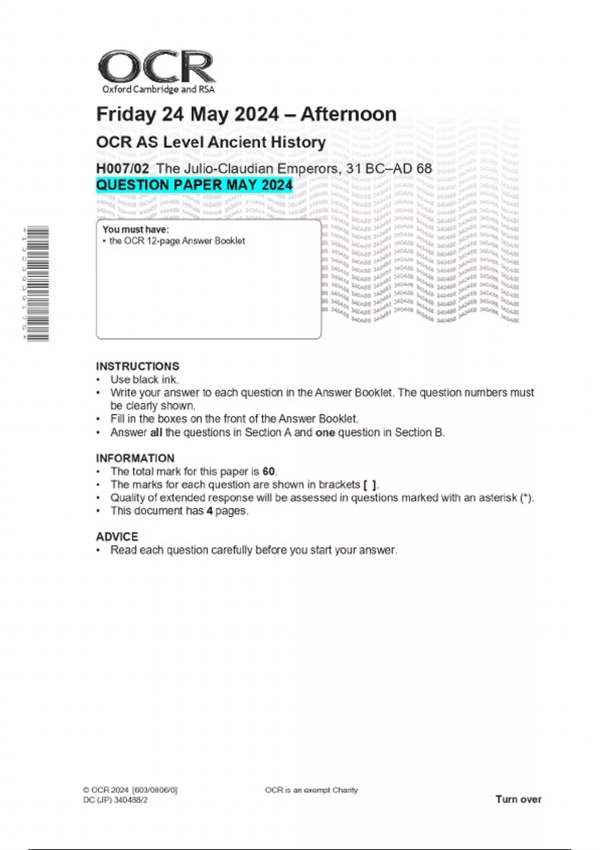OCR AS Level Ancient History H007/02 The Julio-Claudian Emperors, 31 BC–AD 68 QUESTION PAPER MAY ...