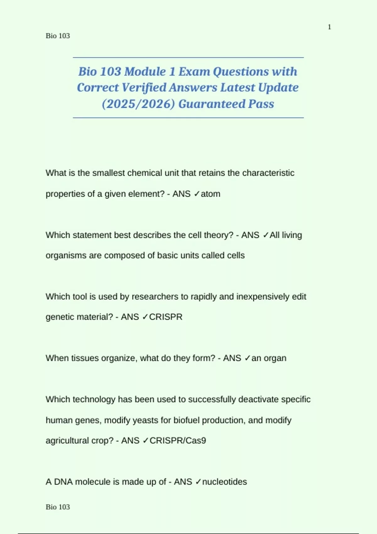 Bio 103 Module 1 Exam Questions with Correct Verified Answers Latest ...