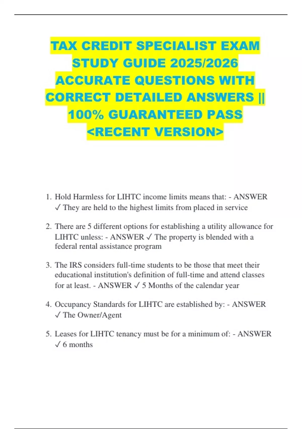 TAX CREDIT SPECIALIST EXAM STUDY GUIDE 2025/2026 ACCURATE QUESTIONS ...