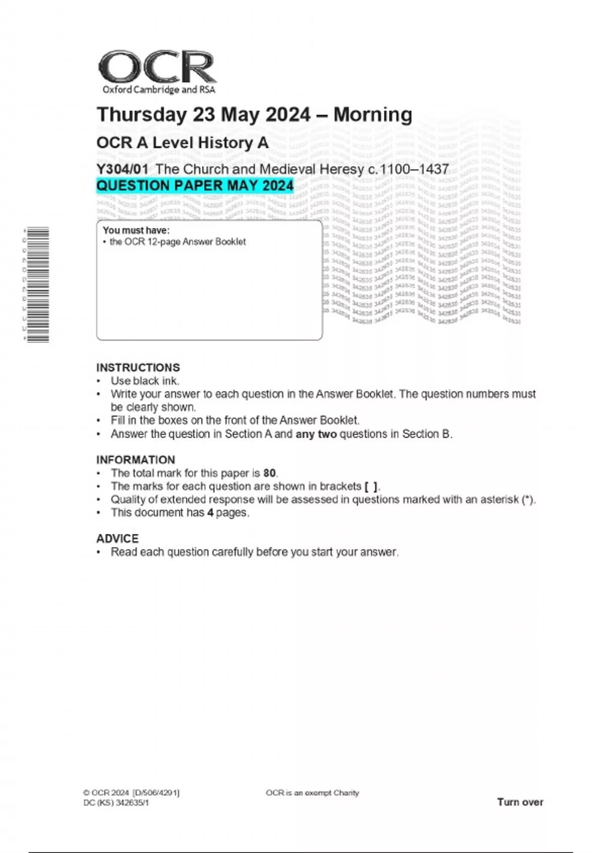 OCR A Level History A Y304/01 The Church and Medieval Heresy c.1100 ...