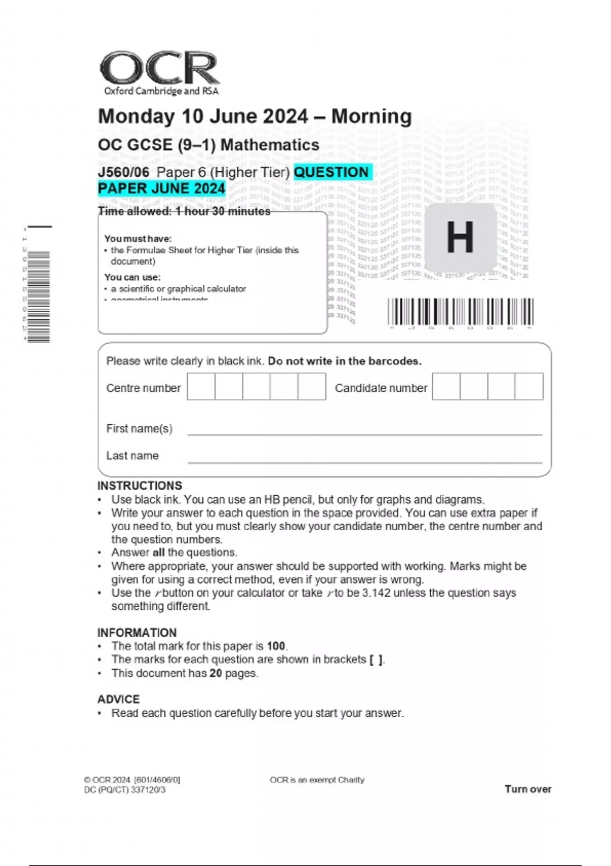 OCR GCSE (9–1) Mathematics J560/06 Paper 6 (Higher Tier) QUESTION PAPER ...