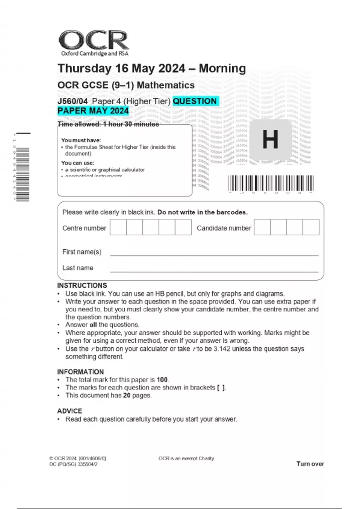 OCR GCSE (9–1) Mathematics J560/04 Paper 4 (Higher Tier) QUESTION PAPER ...