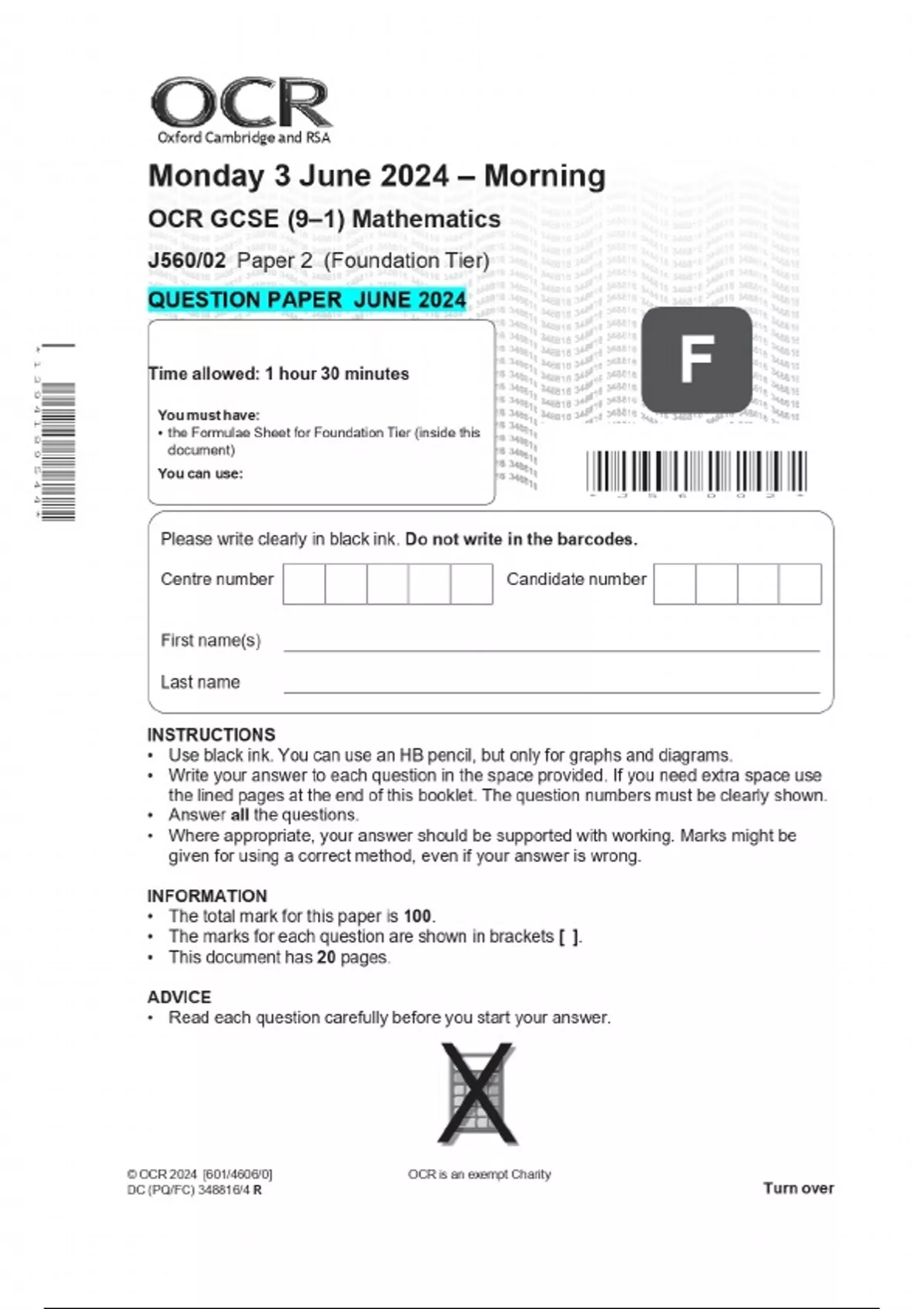 OCR GCSE (9–1) Mathematics J560/02 Paper 2 (Foundation Tier) QUESTION ...