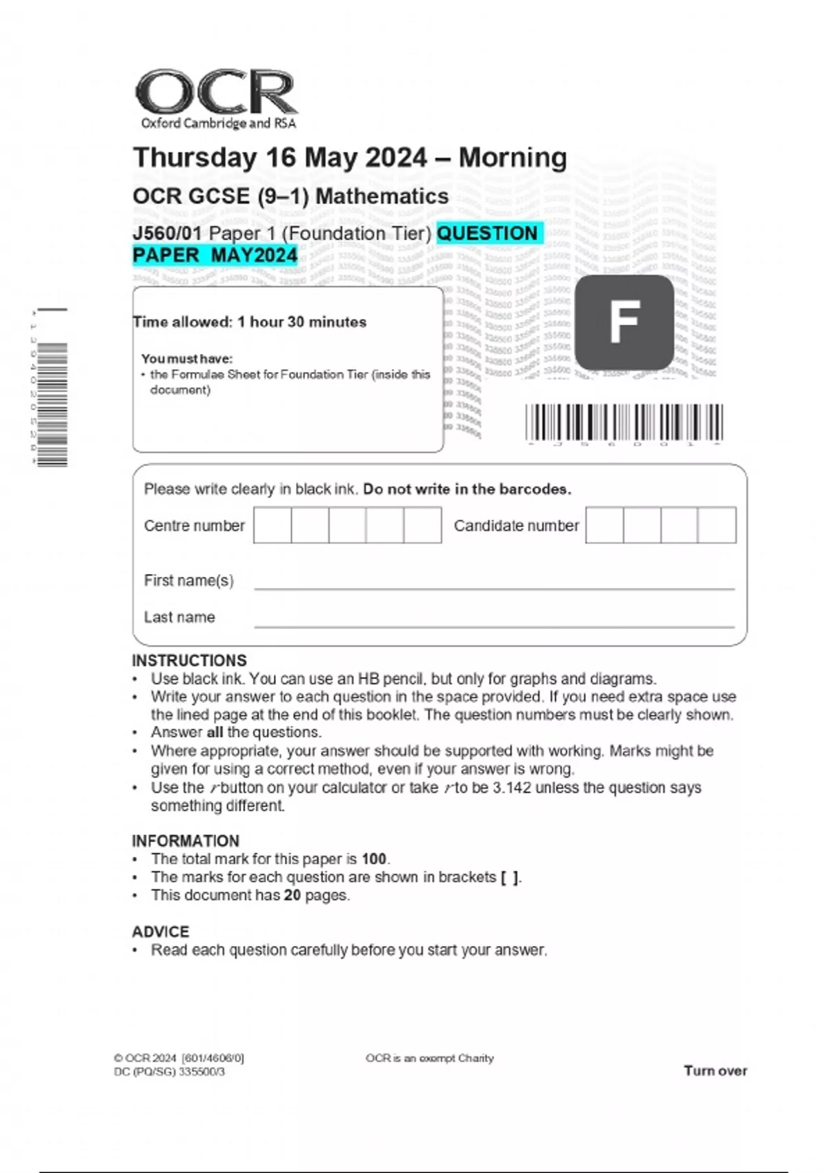 OCR GCSE (9–1) Mathematics J560/01 Paper 1 (Foundation Tier) QUESTION ...