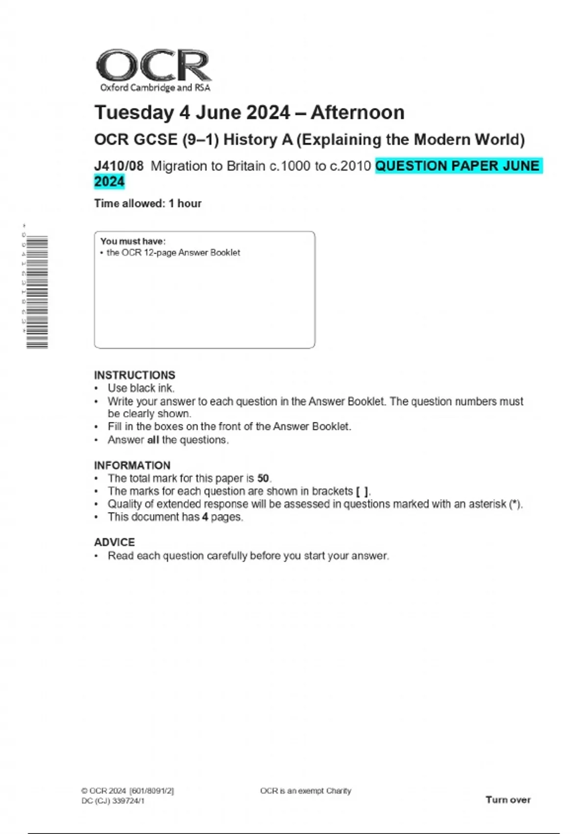 OCR GCSE (9–1) History A (Explaining the Modern World) J410/08 Migration to Britain c.1000 to c ...