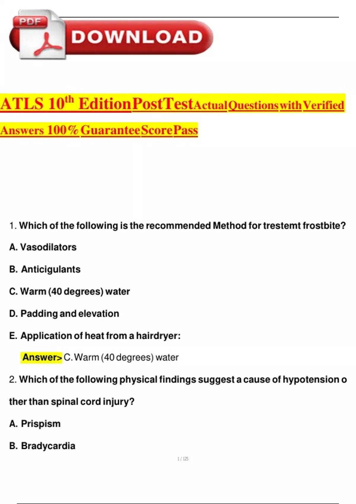 ATLS 10TH EDITION BUNLED EXAMS WITH CORRECT ANSWERS - Stuvia US