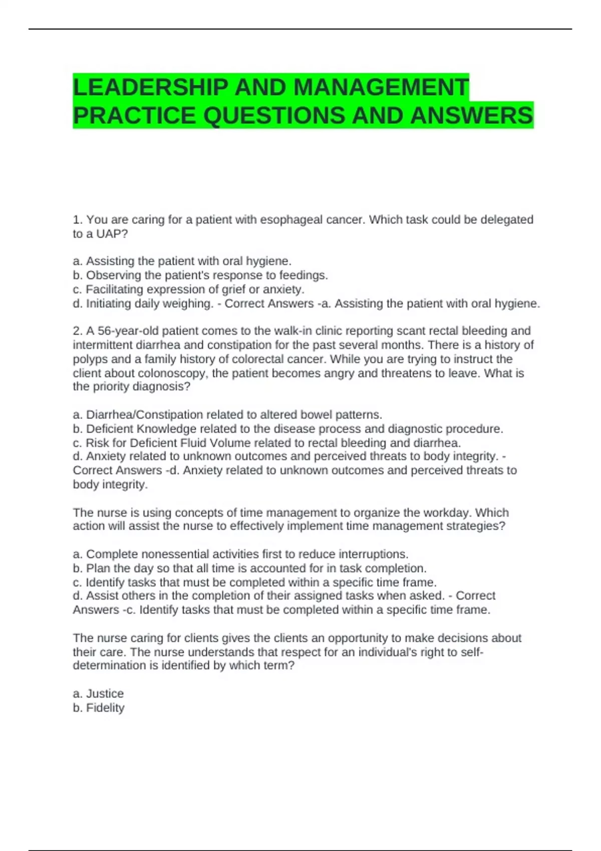 LEADERSHIP AND MANAGEMENT PRACTICE QUESTIONS AND ANSWERS - NURSING ...