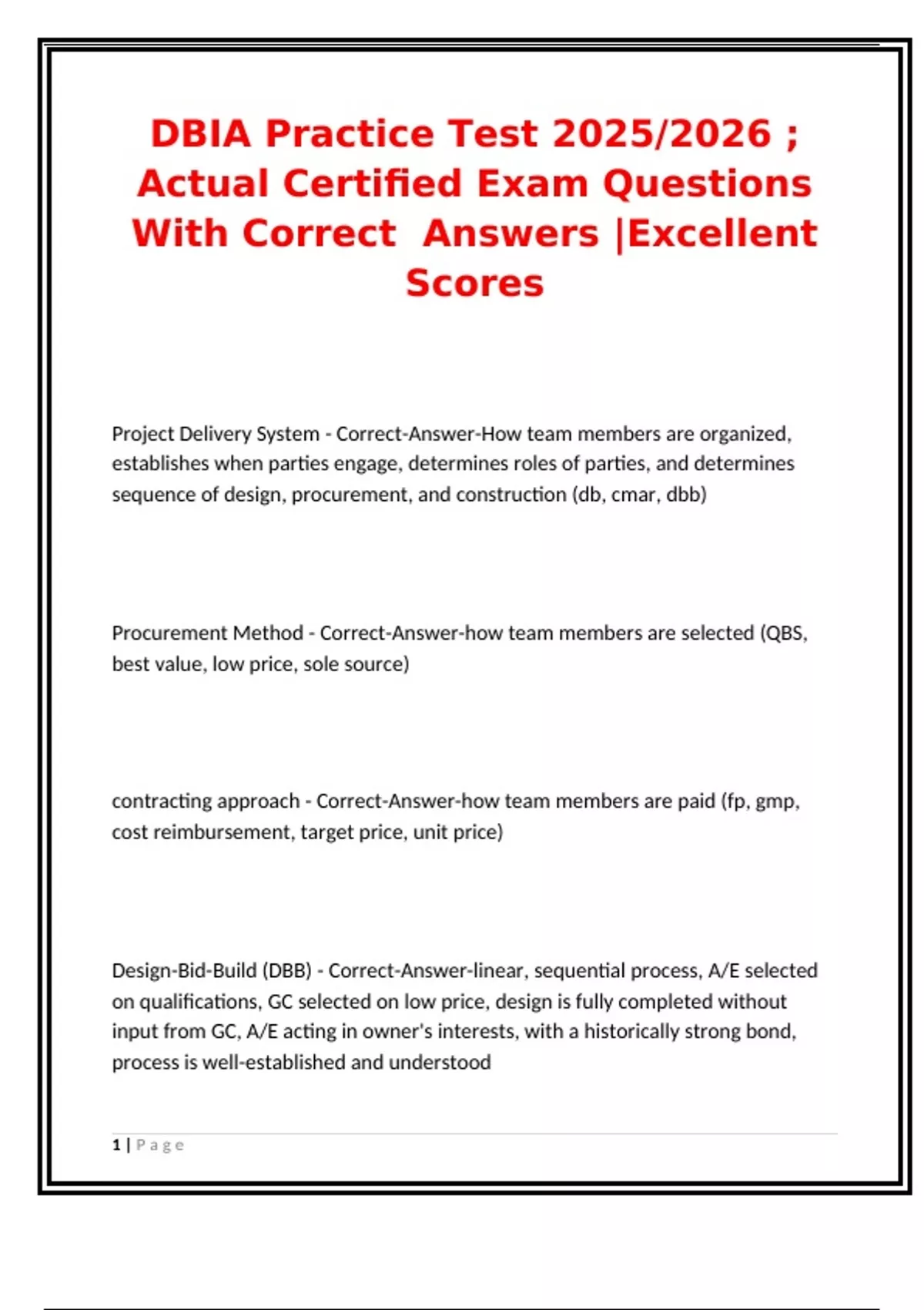 DBIA Practice Test 2025/2026 ; Actual Certified Exam Questions With ...