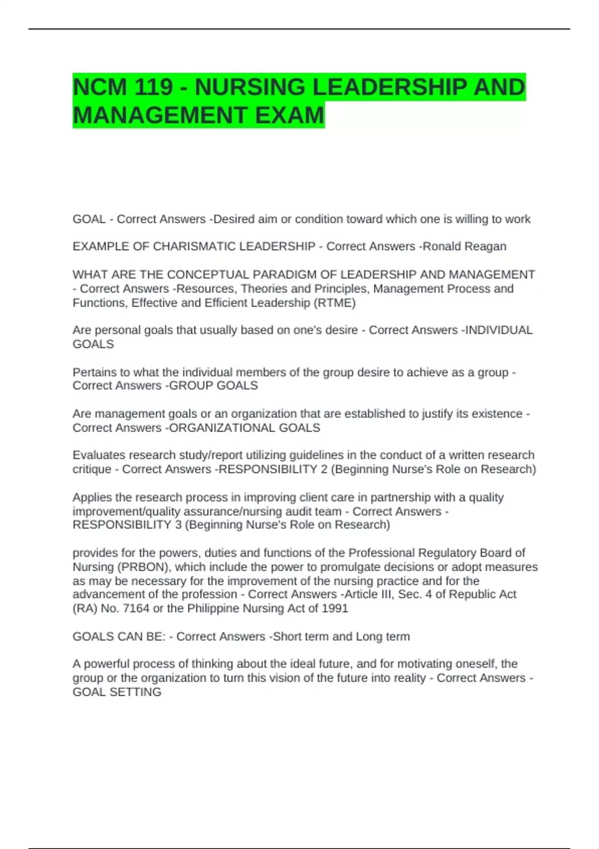 NCM 119 - NURSING LEADERSHIP AND MANAGEMENT EXAM QUESTIONS WITH ...