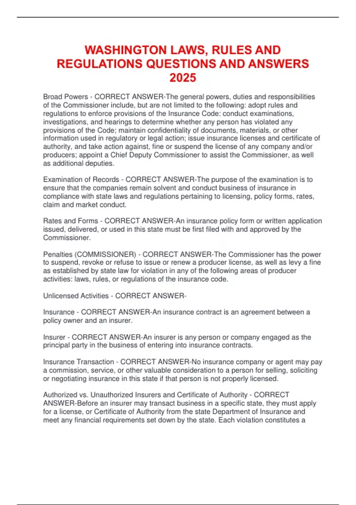 Washington Laws, Rules and Regulations questions and answers 2025 ...